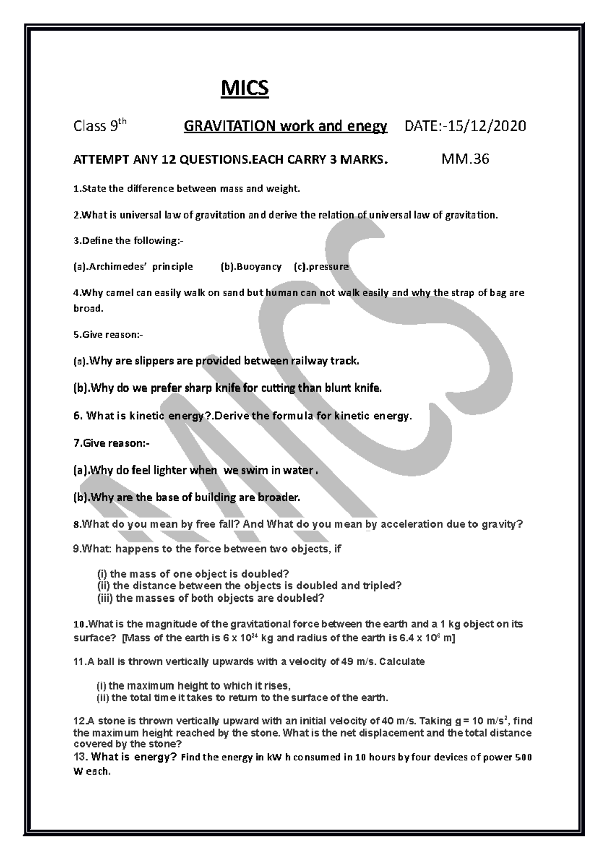 9th gravitation paper - MICS Class 9th GRAVITATION work and enegy DATE ...