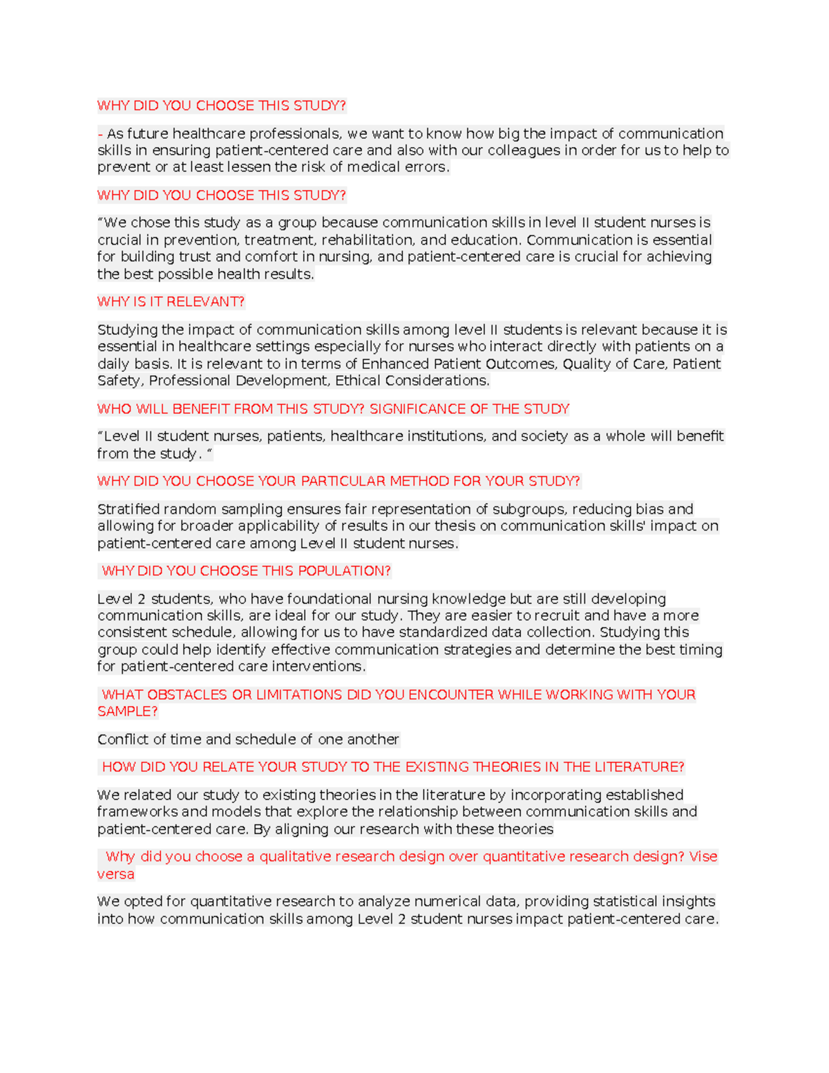 Questions - WHY DID YOU CHOOSE THIS STUDY? As future healthcare ...