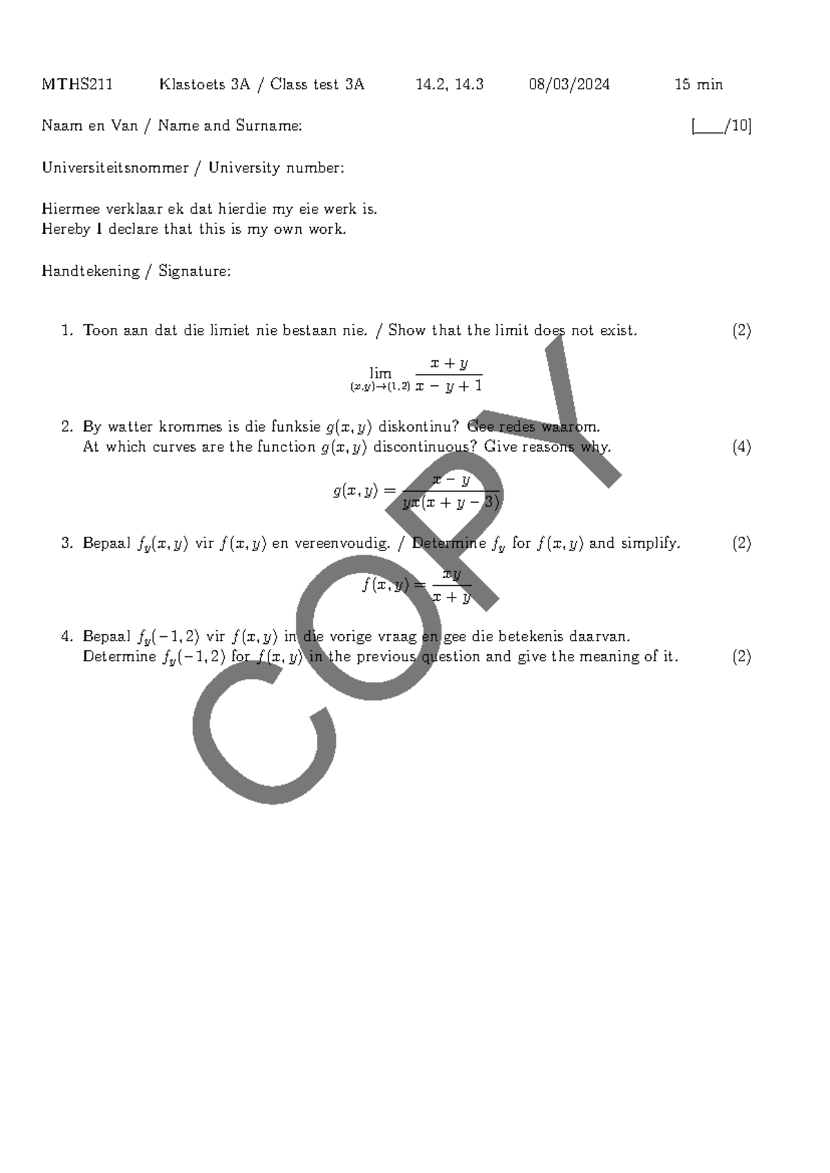 MTHS211 class test 3 2024 - MTHS211 Klastoets 3A / Class test 3A 14, 14 ...