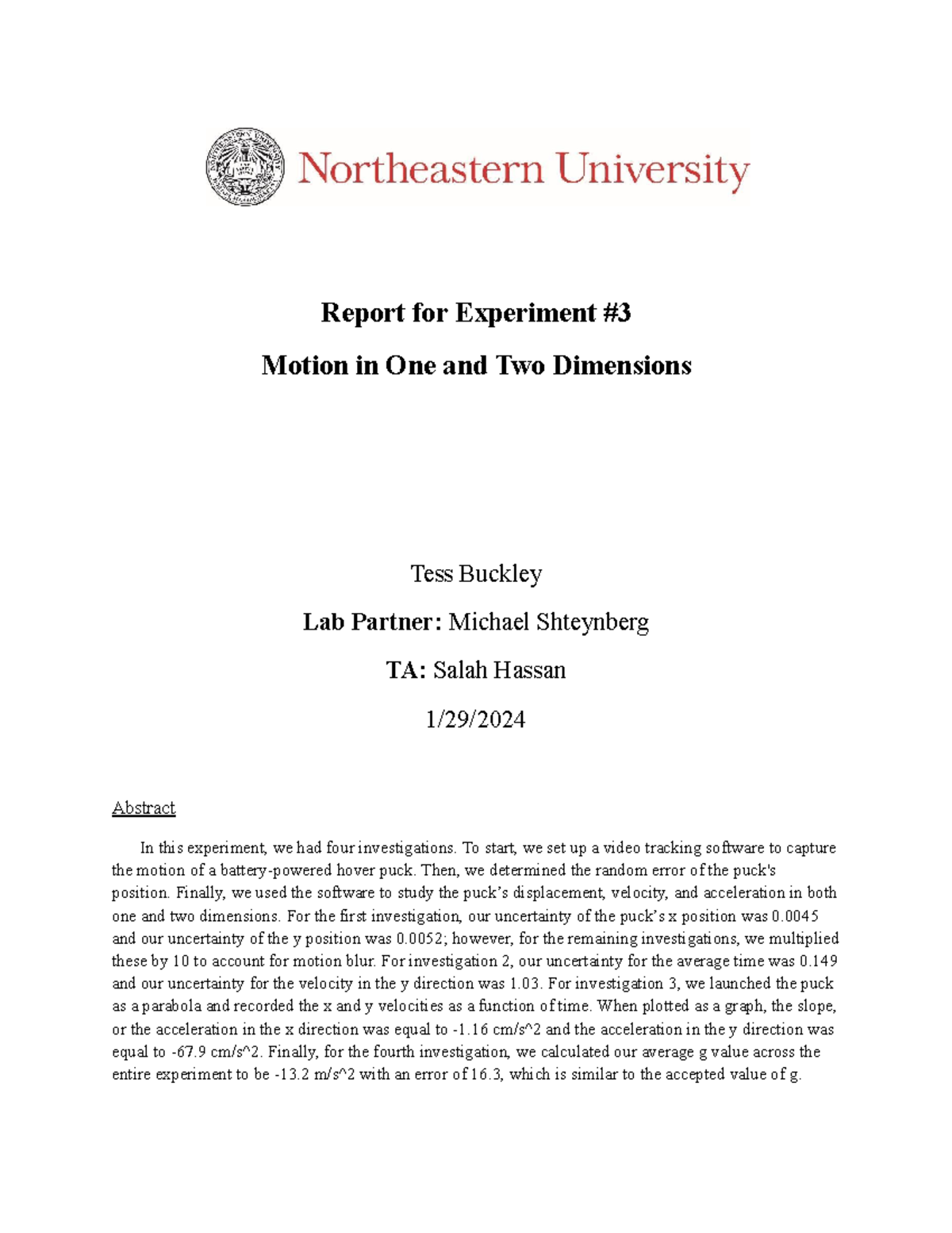 Physics Lab Report 2 Motion in Oofne and Two Dimensions - Report for Experiment Motion in One ...