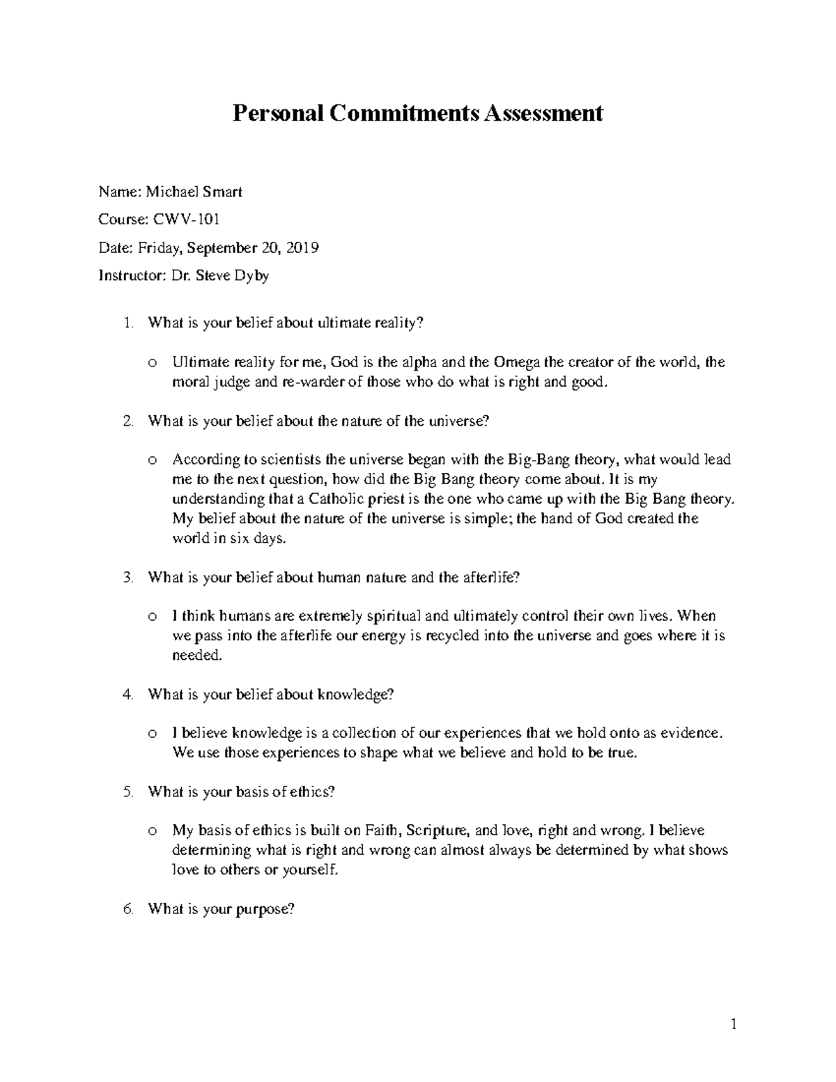 CWV 101 Week 1 Personal Commitments Assessment - Personal Commitments ...