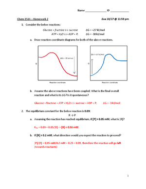 Chem 153A - Homework 2 - HW 2 - Chem 153A – Homework 2 1. Consider the below reactions: Glucose ...