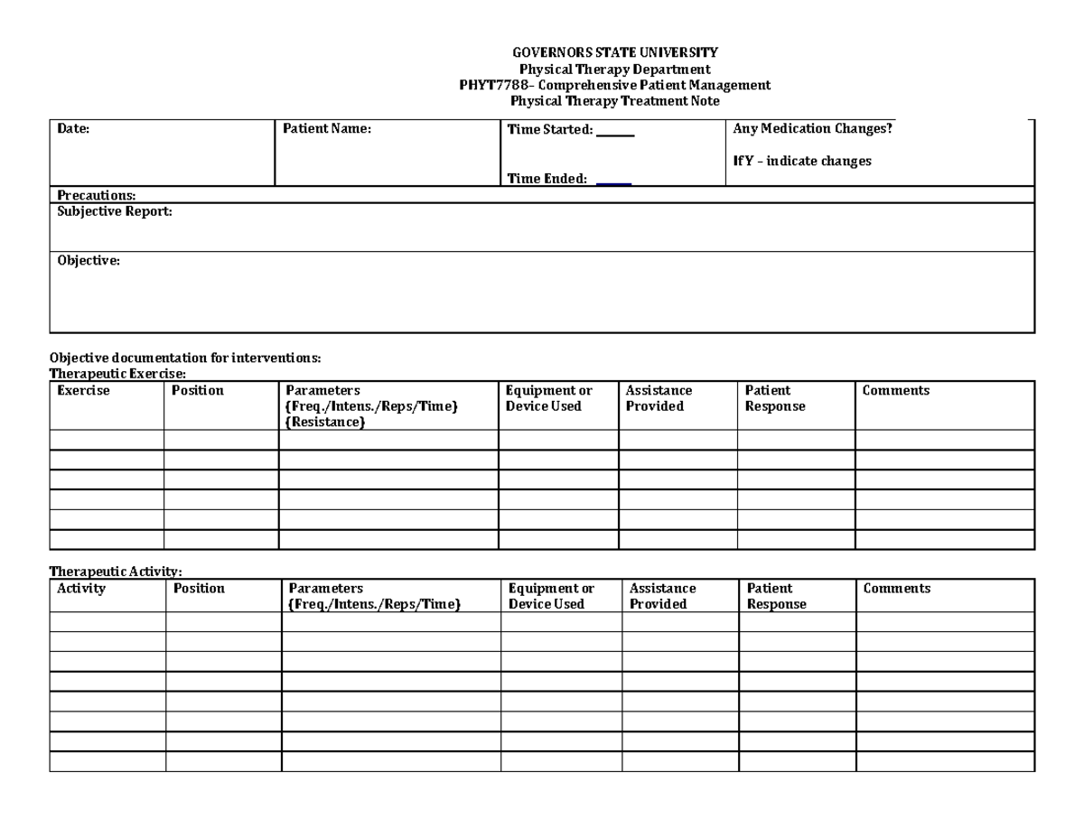 Treatment Form - Blank - GOVERNORS STATE UNIVERSITY Physical Therapy ...