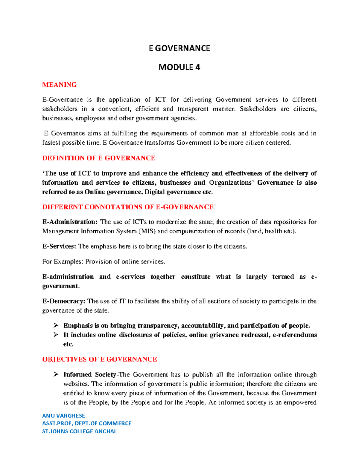 E Governance Notes - ANU VARGHESE ASST, DEPT COMMERCE E GOVERNANCE ...