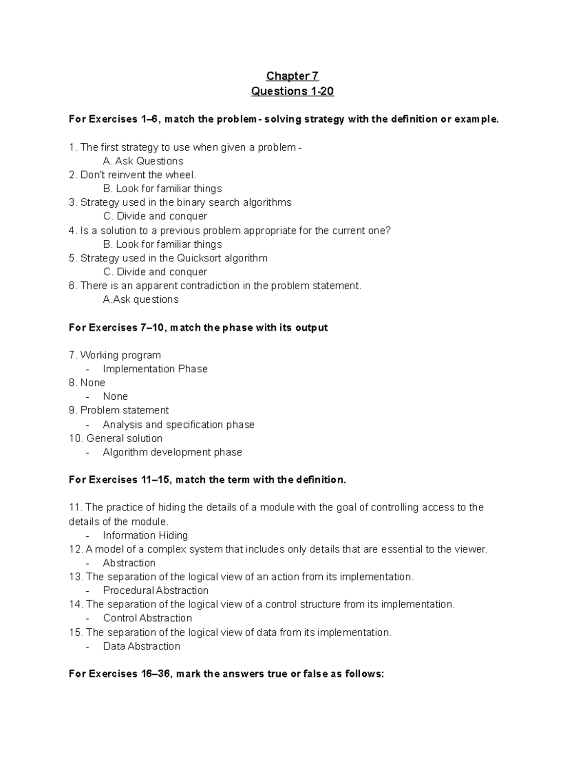 Chapter 7 (CST 1100) - Chapter 7 Questions 1- For Exercises 1–6, match ...