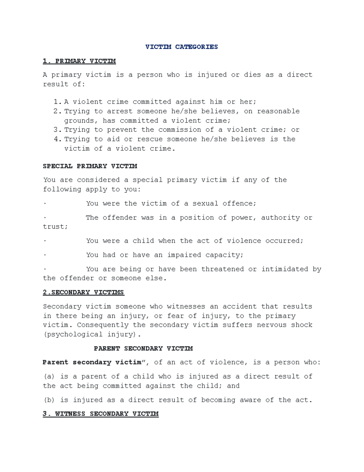 Week 14 Victim Categories - VICTIM CATEGORIES 1. PRIMARY VICTIM A ...