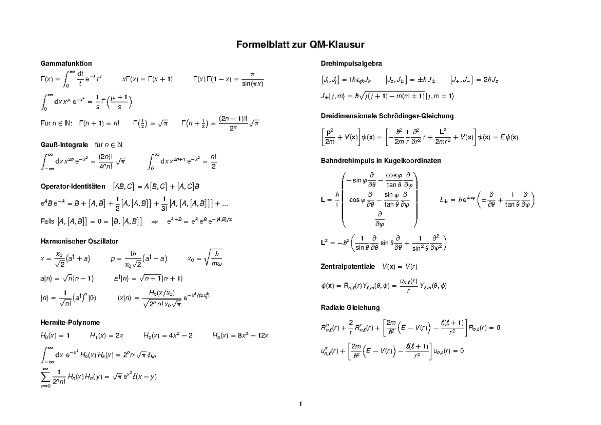 Formelblatt - .. Falls ˆ A, ˆ A, B ̃ ̃ = 0 = ˆ B, ˆ A, B ̃ ̃ ⇒ eA+B ...