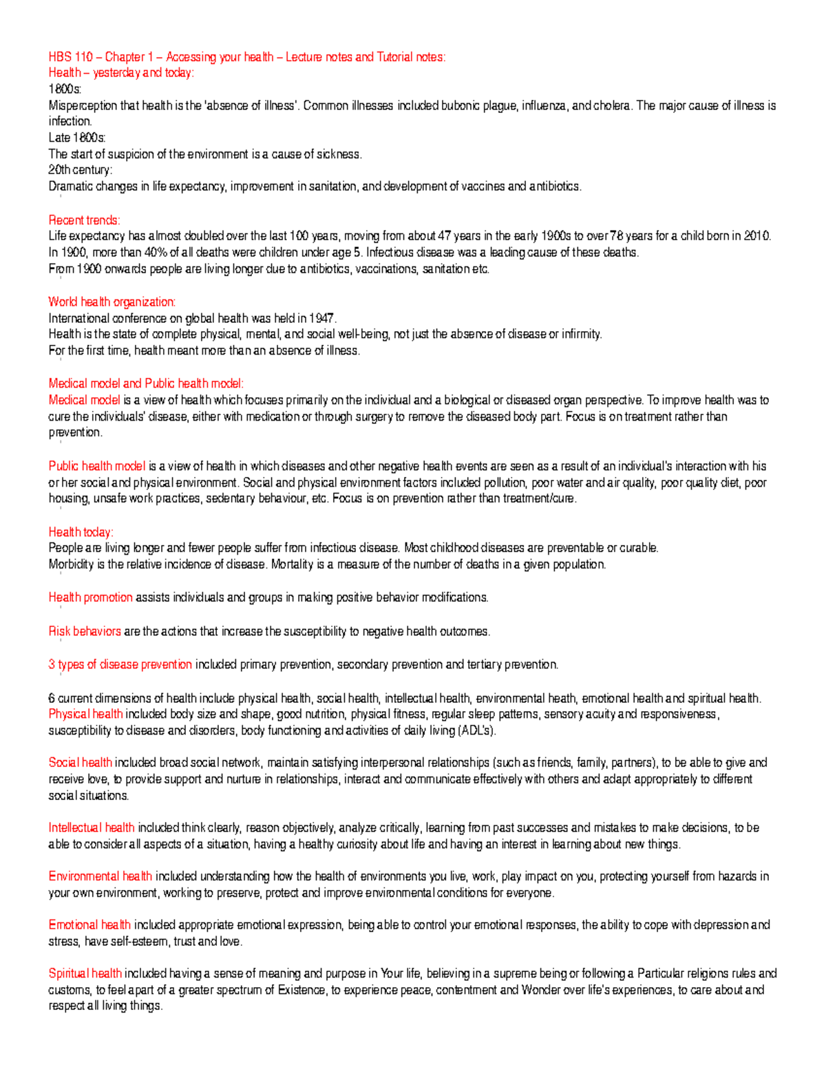 Lecture notes, lectures 1-2 - HBS 110 Chapter 1 Accessing your health ...