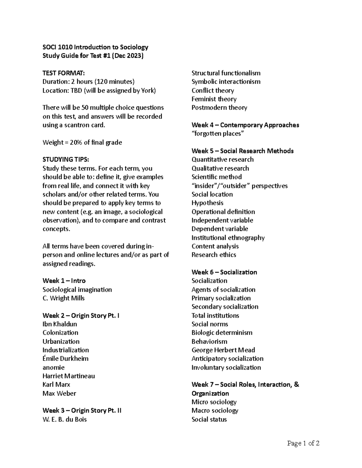 SOCI1010 A Test 1 Study Guide - Page 1 of 2 SOCI 1010 Introduc/on to ...