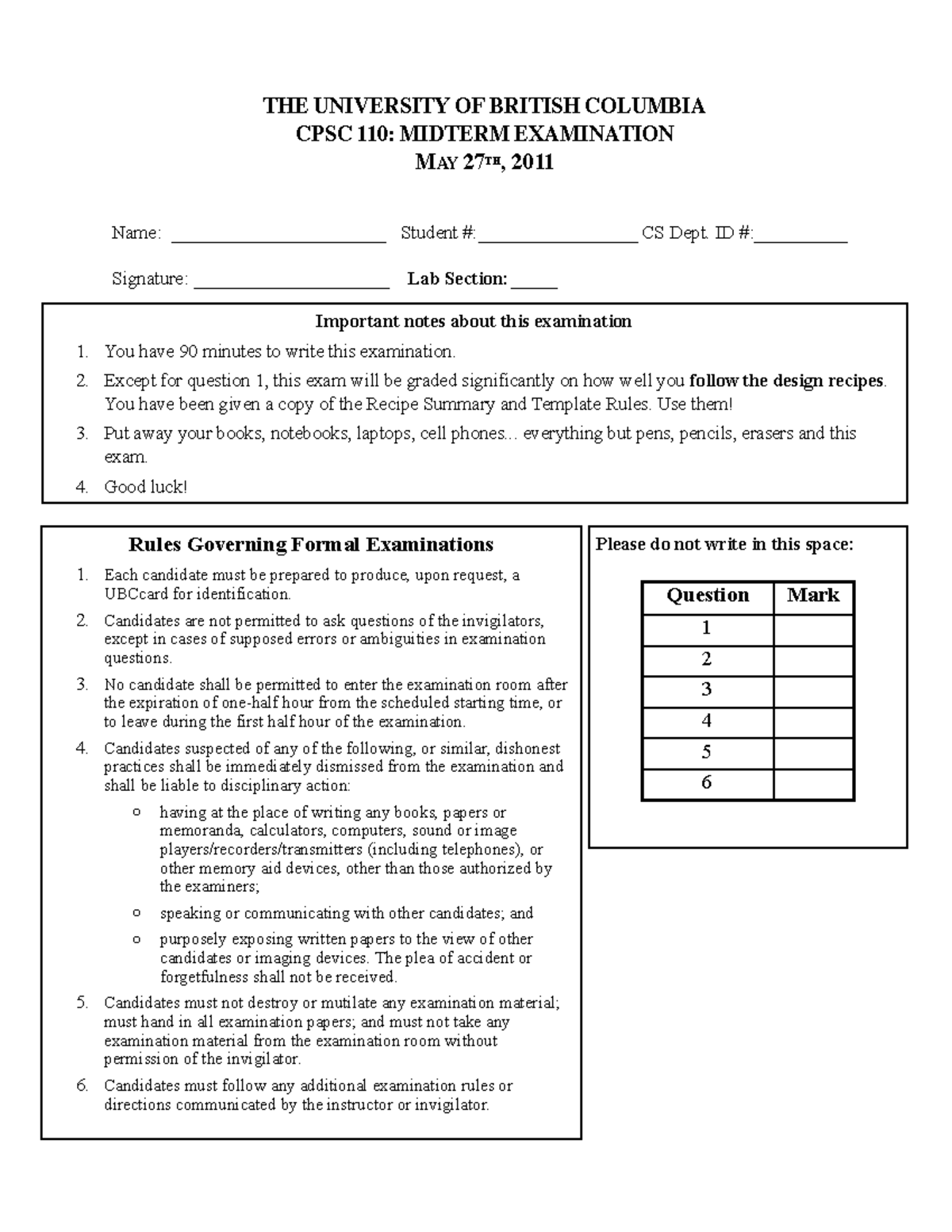 CS110-2011 S1-MT1 - practice exam study material - THE UNIVERSITY OF BRITISH COLUMBIA CPSC 110 ...
