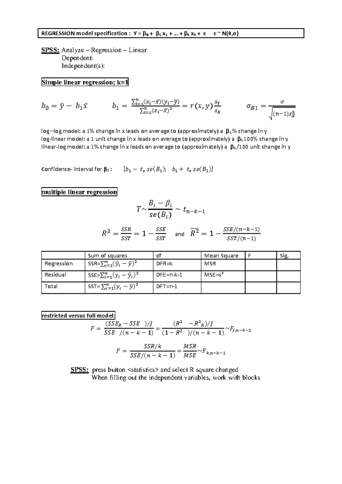 Formula sheet for exam MR TS - REGRESSION model specification : Y = β 0 ...