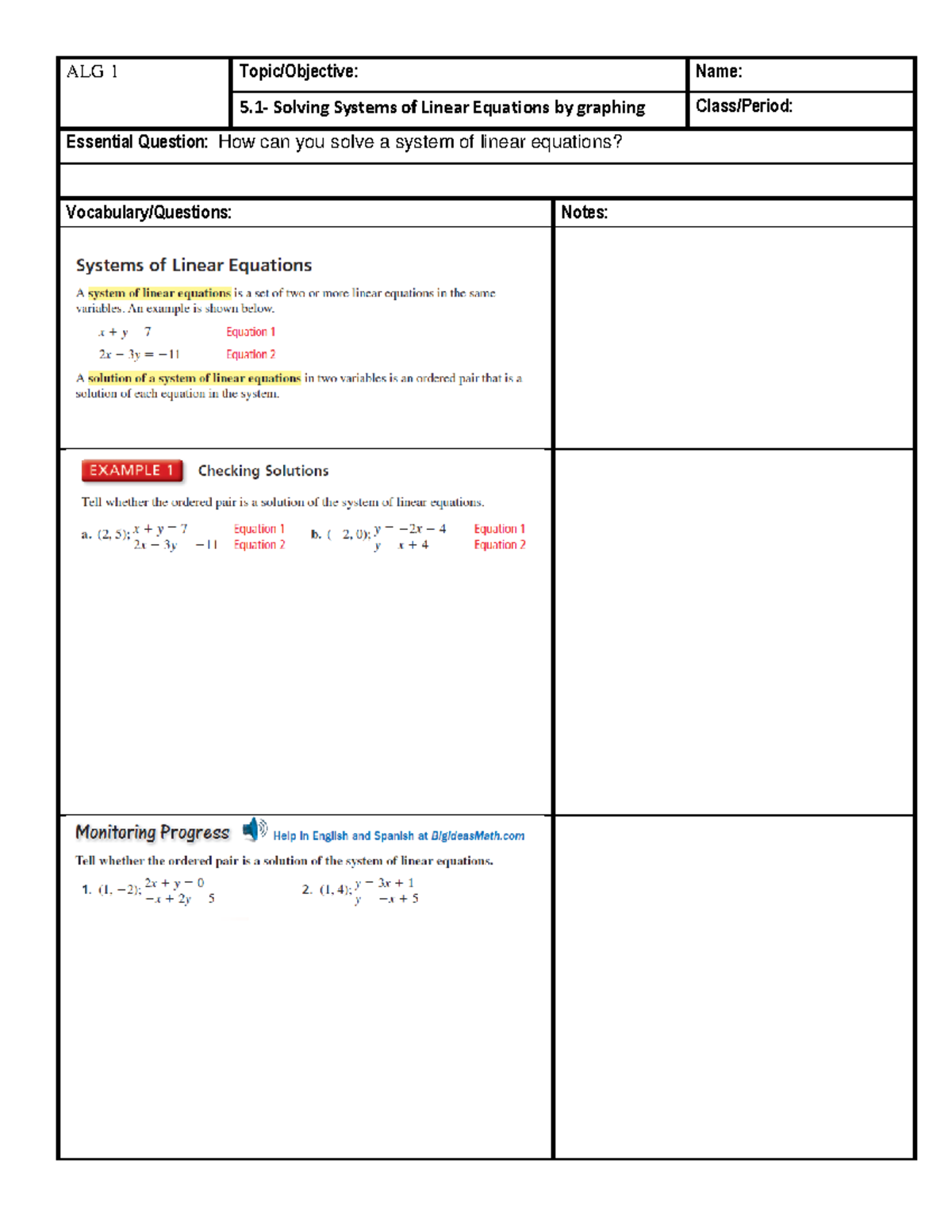 5.1 Algebra Note Page - Very good answers - ALG 1 Topic/Objective: Name ...