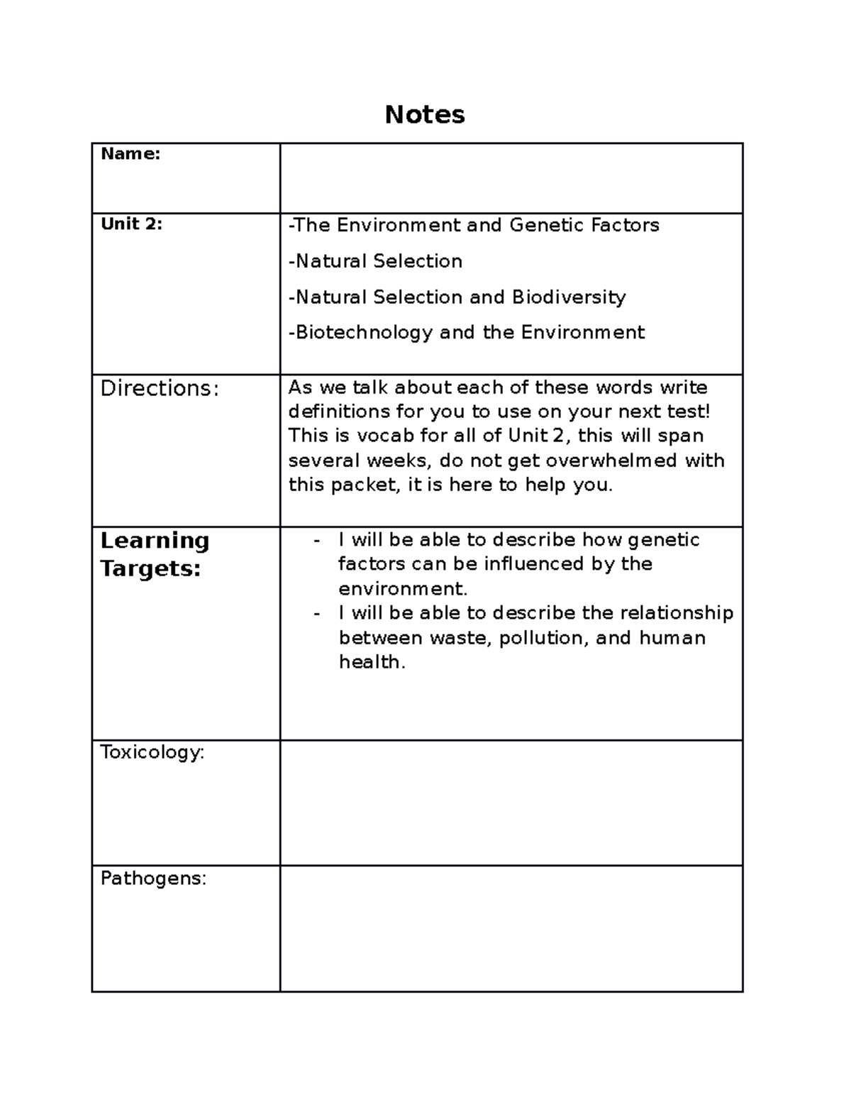 Notes Unit 4-Enviro - Notes Name: Unit 2: -The Environment and Genetic ...