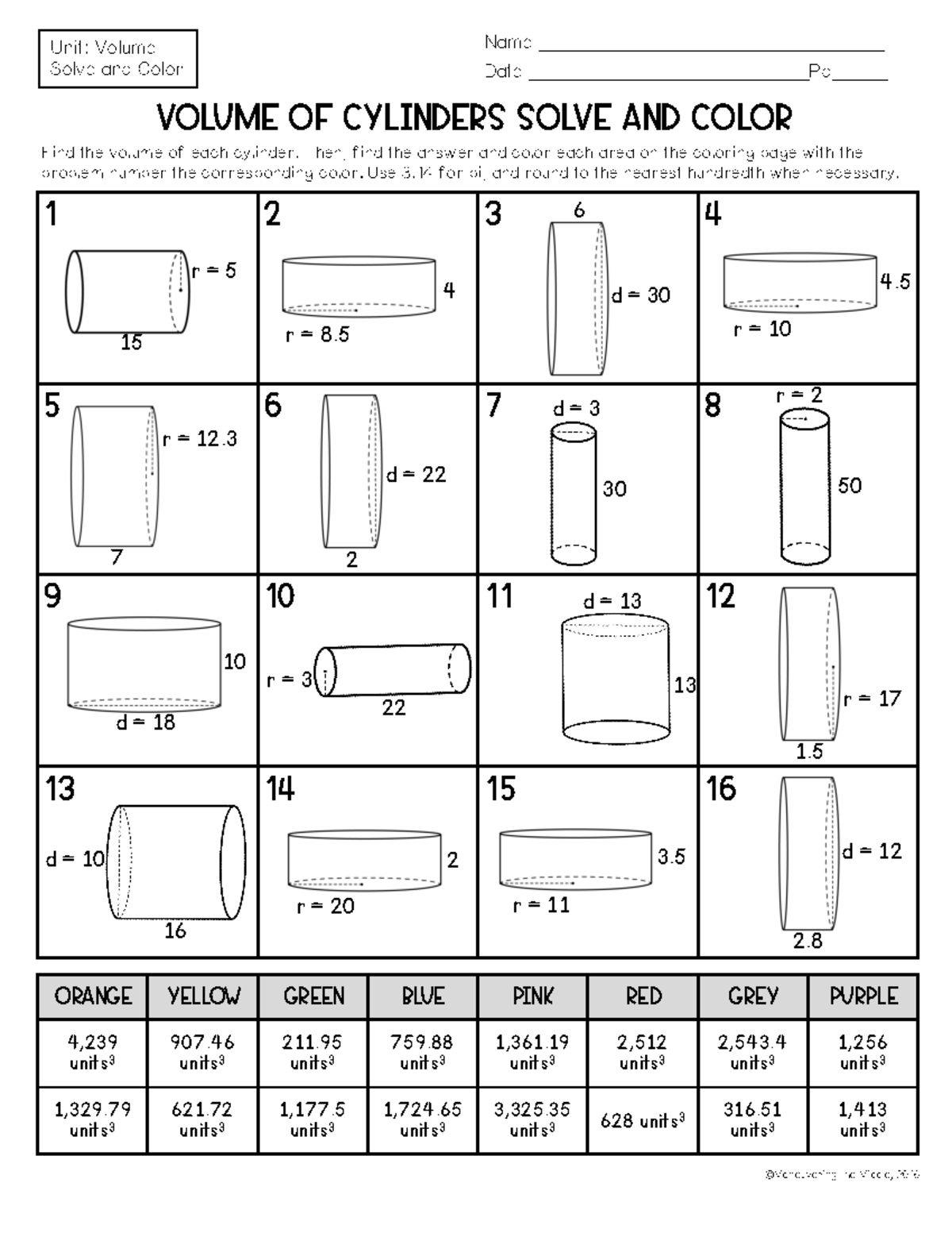Kami Export - Volume of Cylinders Solve and Color - Unit: Volume Solve ...