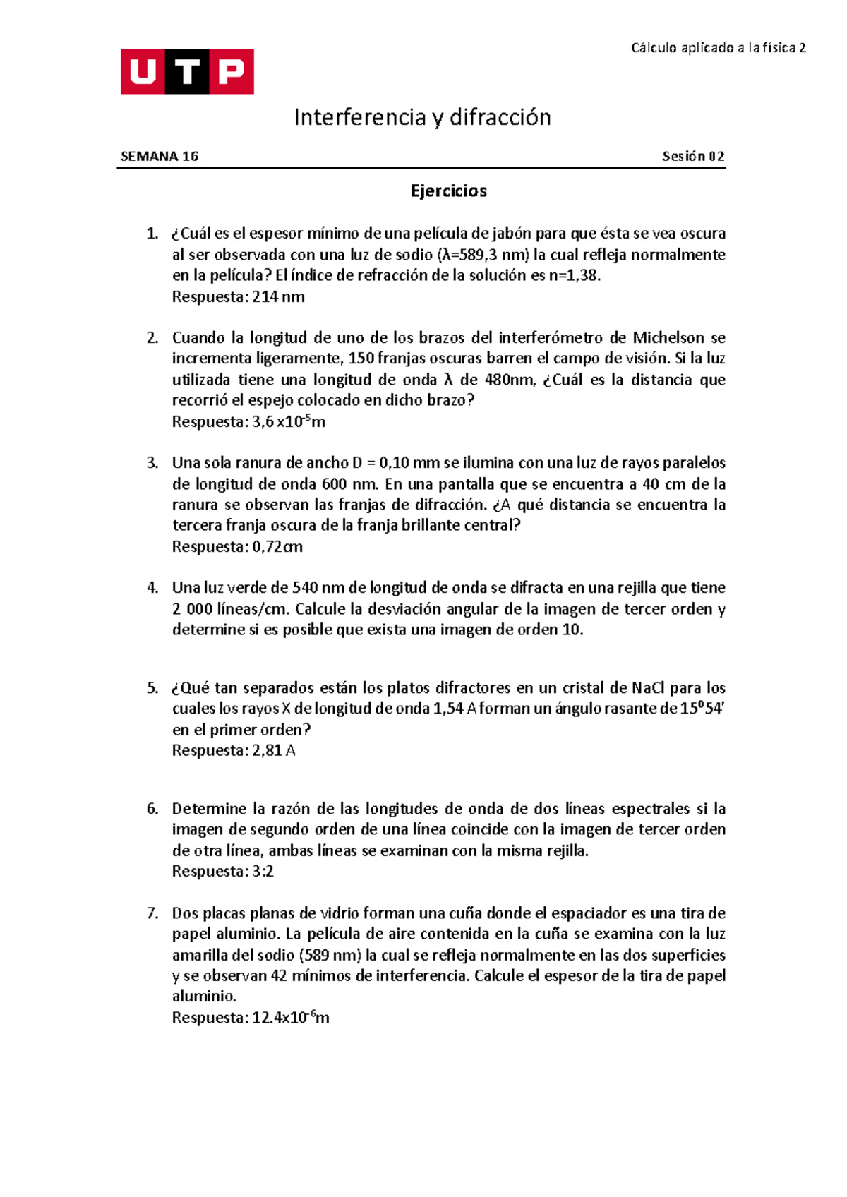 S17 s1-ejercicios Interferencia - Cálculo aplicado a la física 2 Interferencia y difracción ...