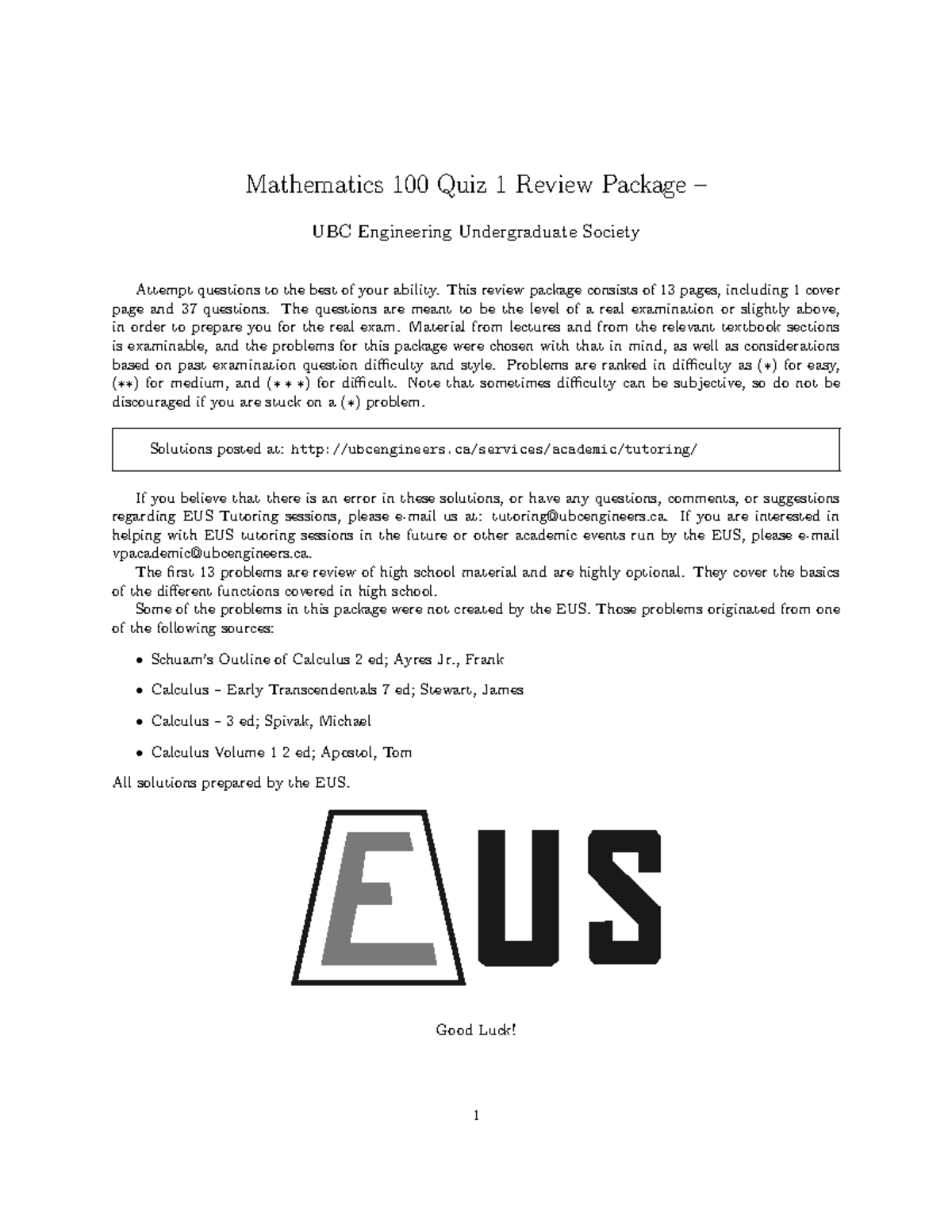 Math 100 Review Package 2021-22 1 1 - Mathematics 100 Quiz 1 Review ...