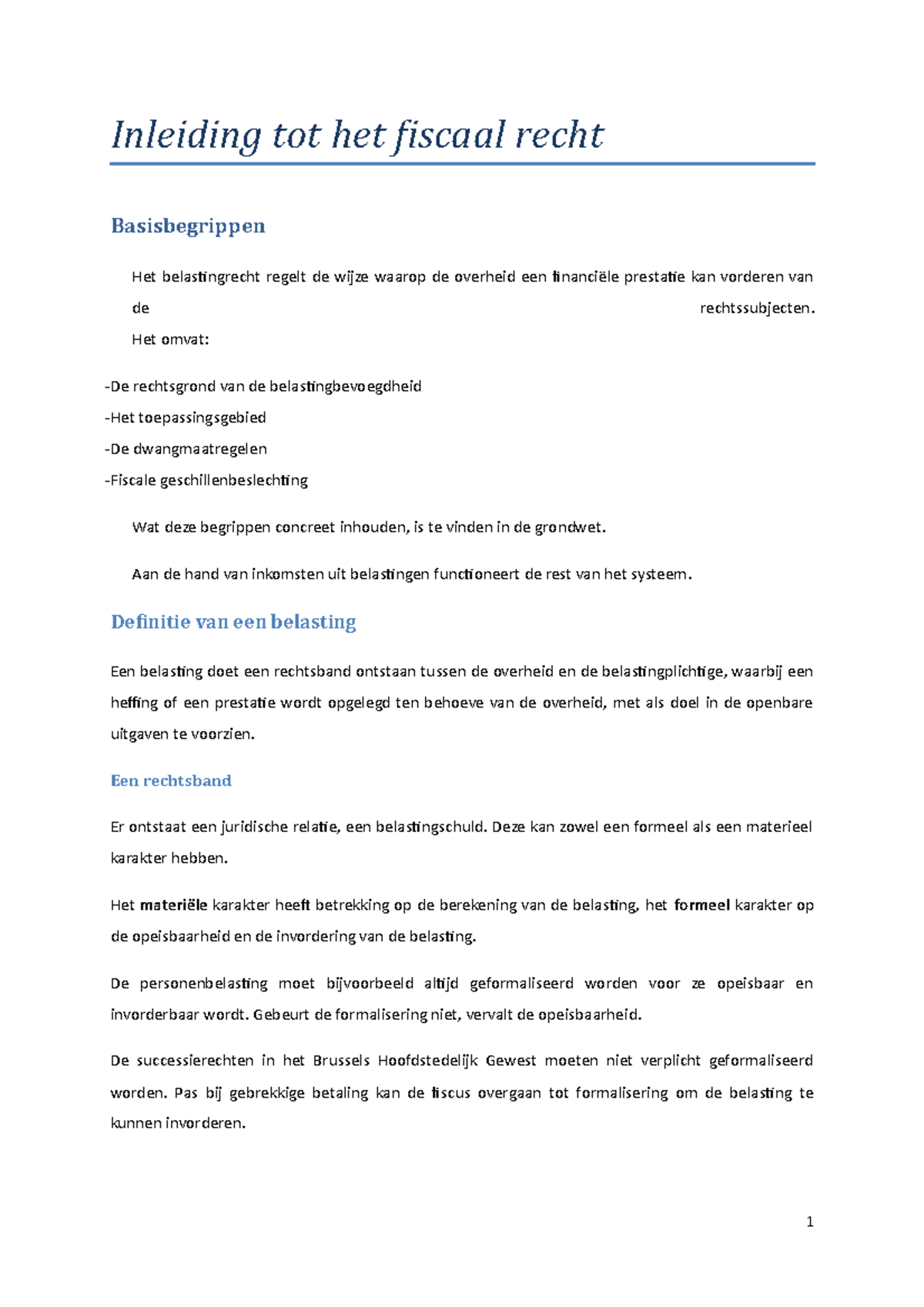 Beknopte samenvatting - college - van Fiscaal Recht, 2e BA. - Inleiding ...