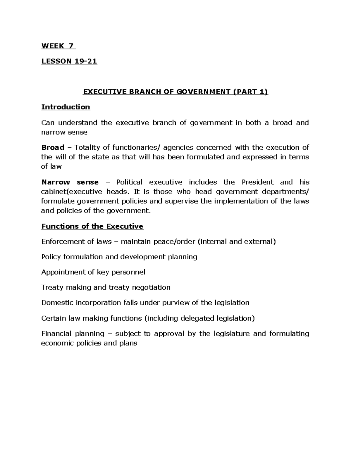 Law 234 The Executive part 1 - WEEK 7 LESSON 19- EXECUTIVE BRANCH OF ...