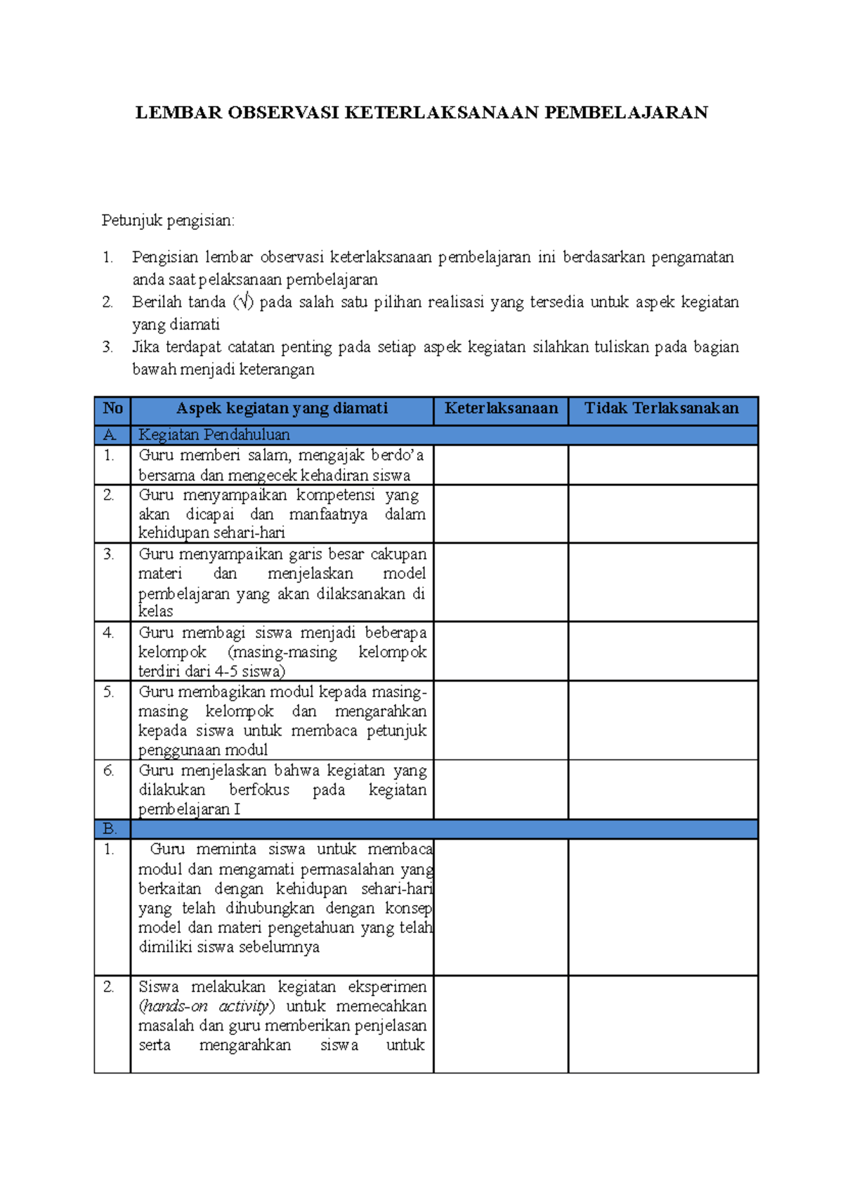 Lembar Observasi Keterlaksanaan Siklus 2 Multazam - LEMBAR OBSERVASI KETERLAKSANAAN PEMBELAJARAN ...