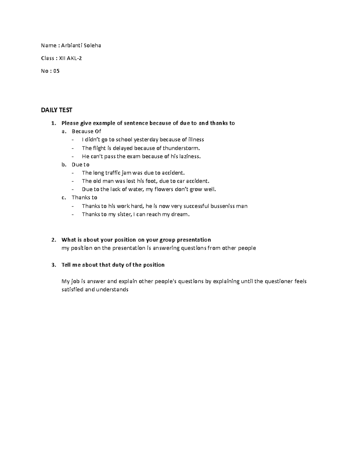 Arbianti S - English Daily Test - Name : Arbianti Soleha Class : XII ...