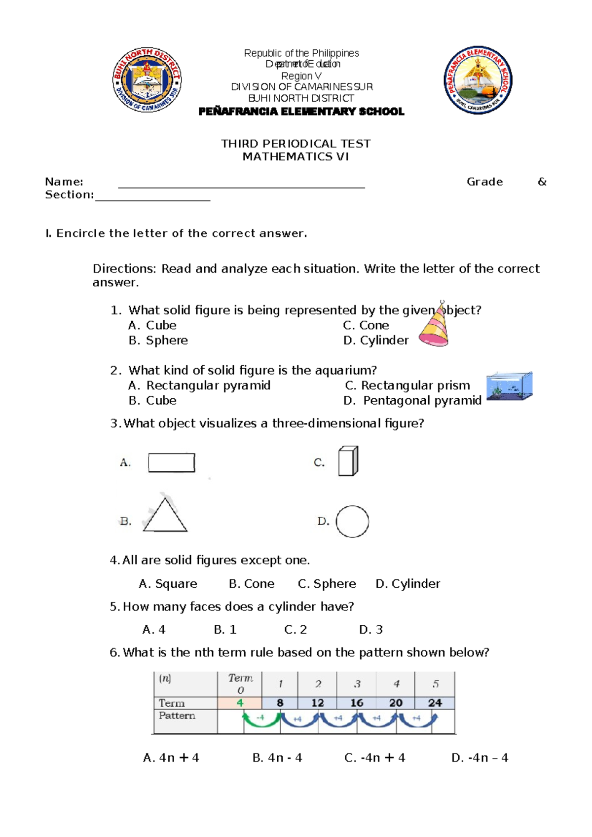 PT Mathematics 6 Q3 - Periodical test in Math - THIRD PERIODICAL TEST ...