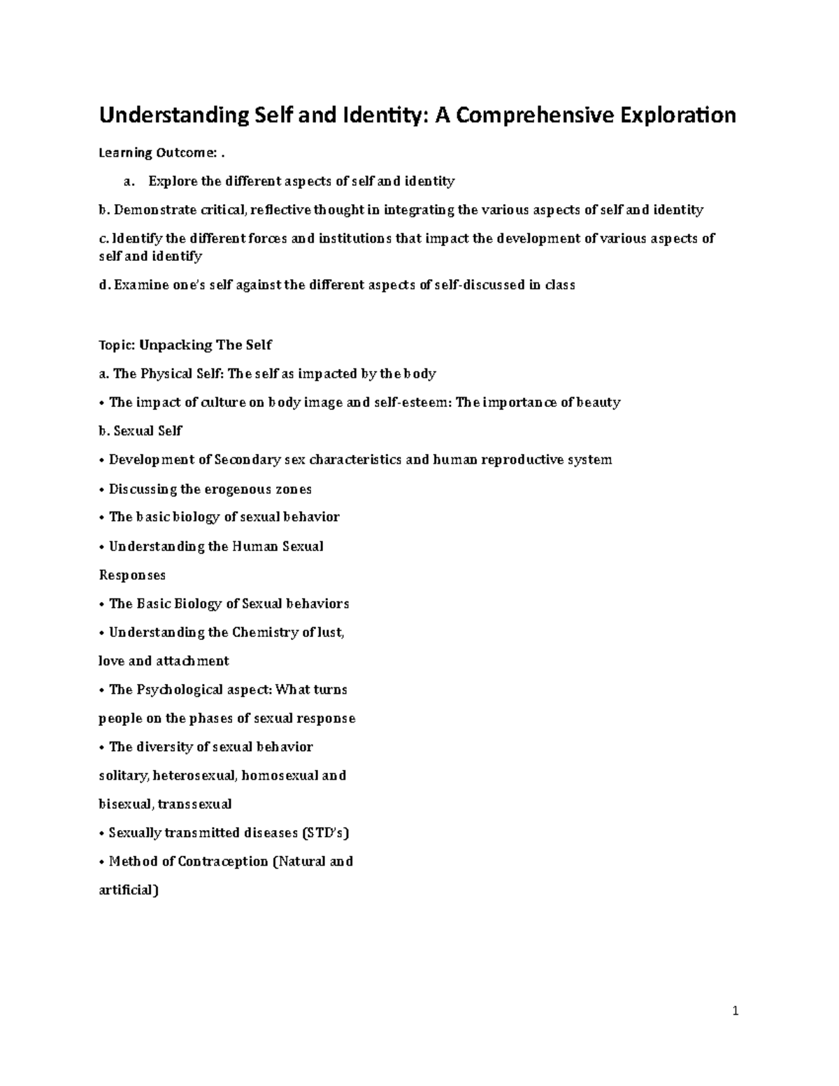 Understanding Self and Identity - a. Explore the different aspects of ...