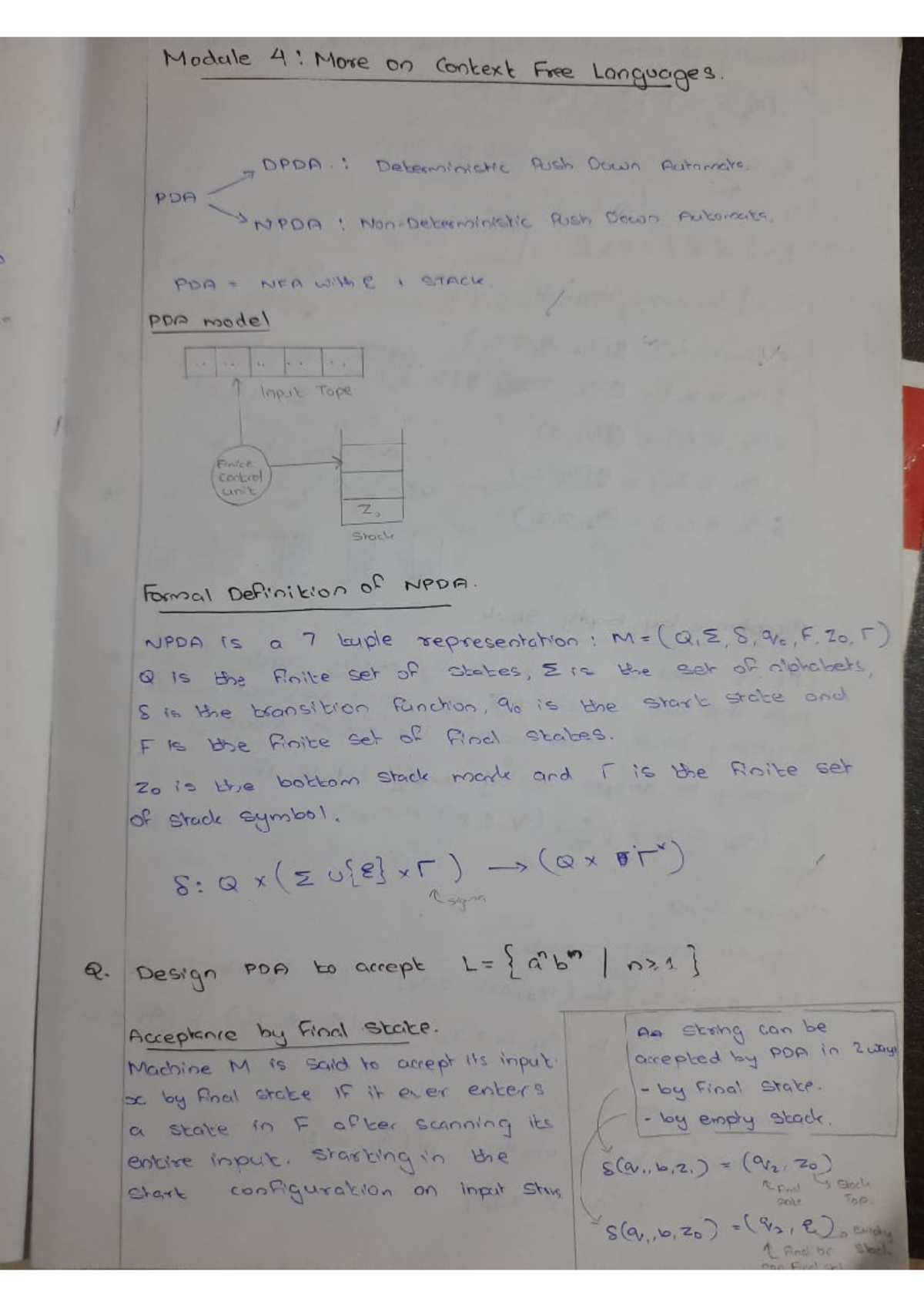 Flat module 4 - Nice lectures - Module 4 : More on context Free Languages. DPDA : Deterministic ...