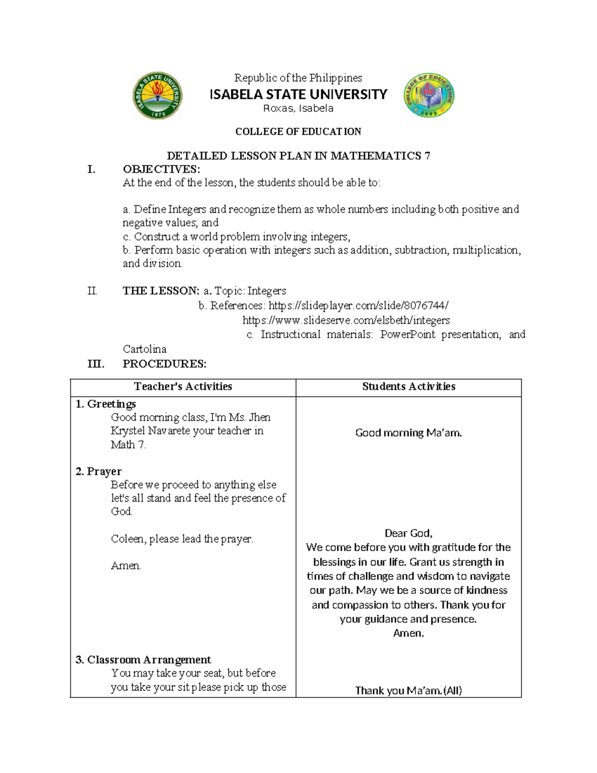 Lesson-Plan- Integers - Republic of the Philippines ISABELA STATE UNIVERSITY Roxas, Isabela ...