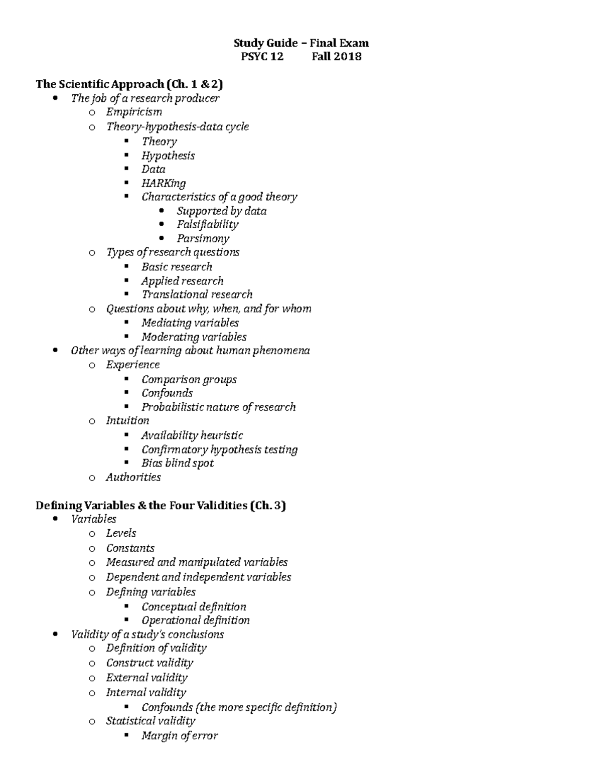 Final exam study guide - outline - Study Guide – Final Exam PSYC 12 ...