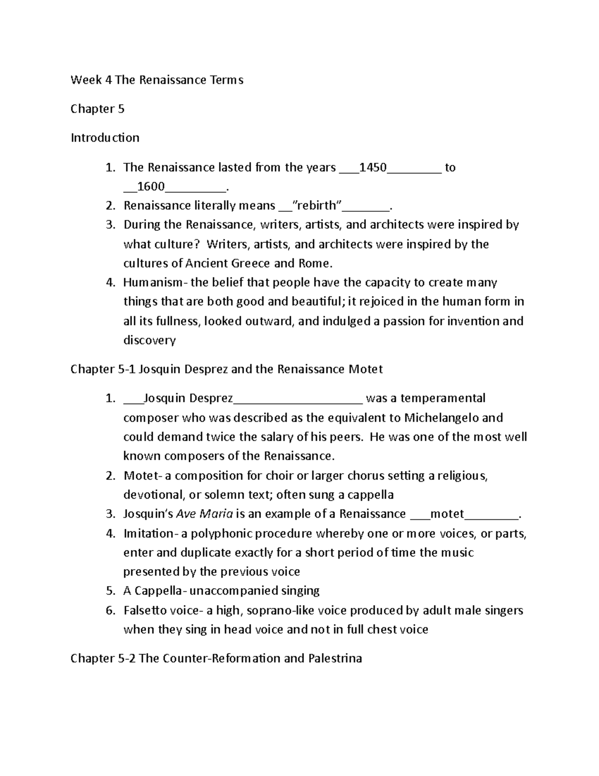 Week 4 The Renaissance Terms - Week 4 The Renaissance Terms Chapter 5 ...