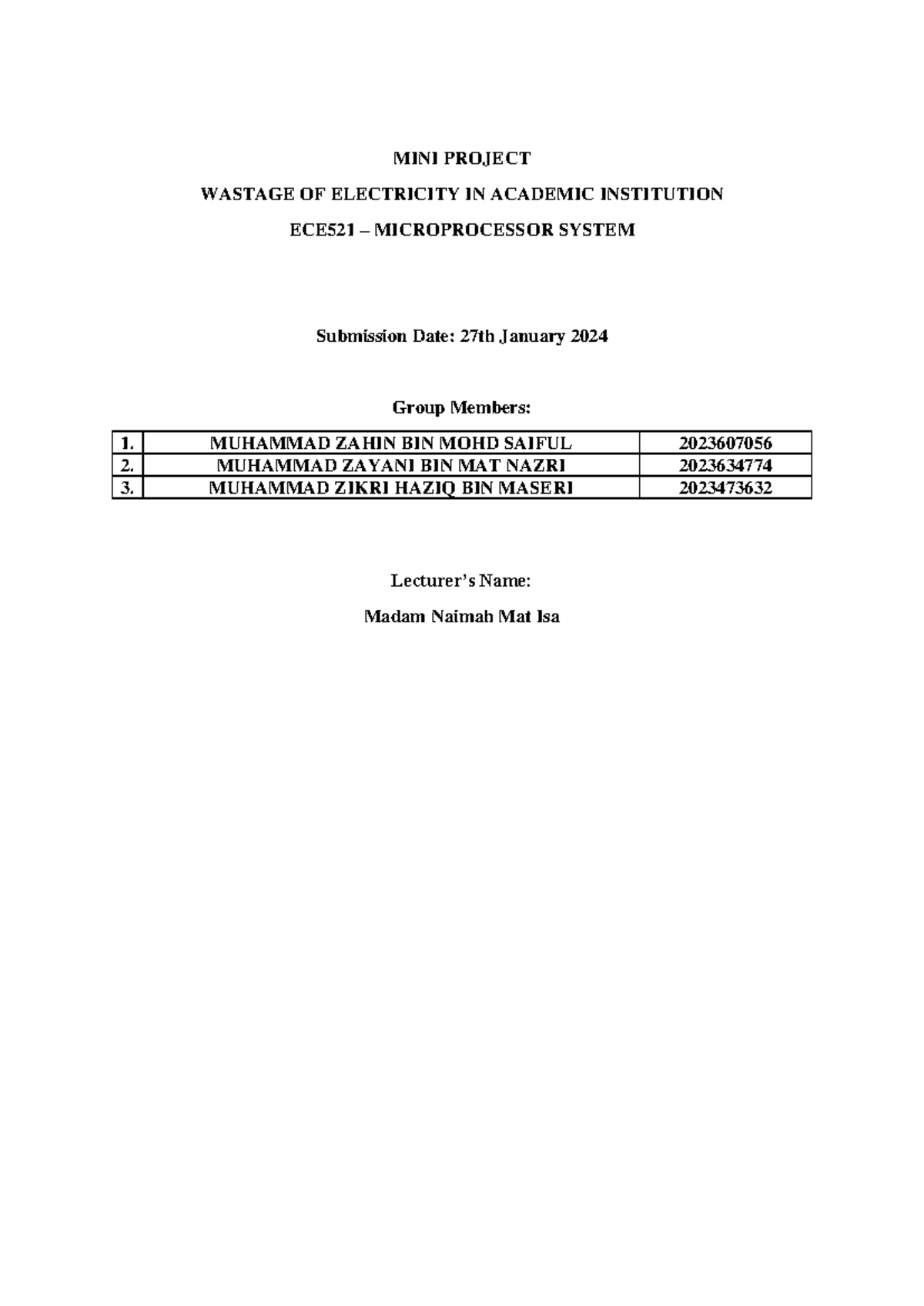 MINI Project ECE521 - MINI PROJECT WASTAGE OF ELECTRICITY IN ACADEMIC INSTITUTION ECE 521 ...