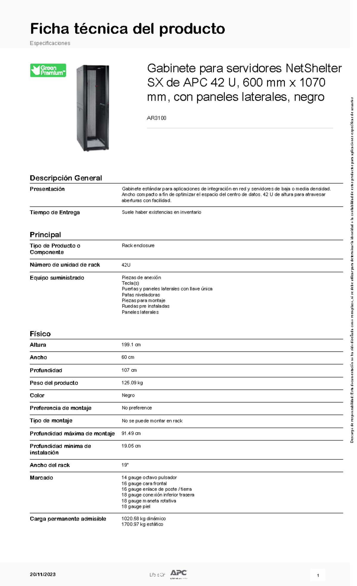 Net Shelter SX Enclosures AR3100 - Ficha técnica del producto ...