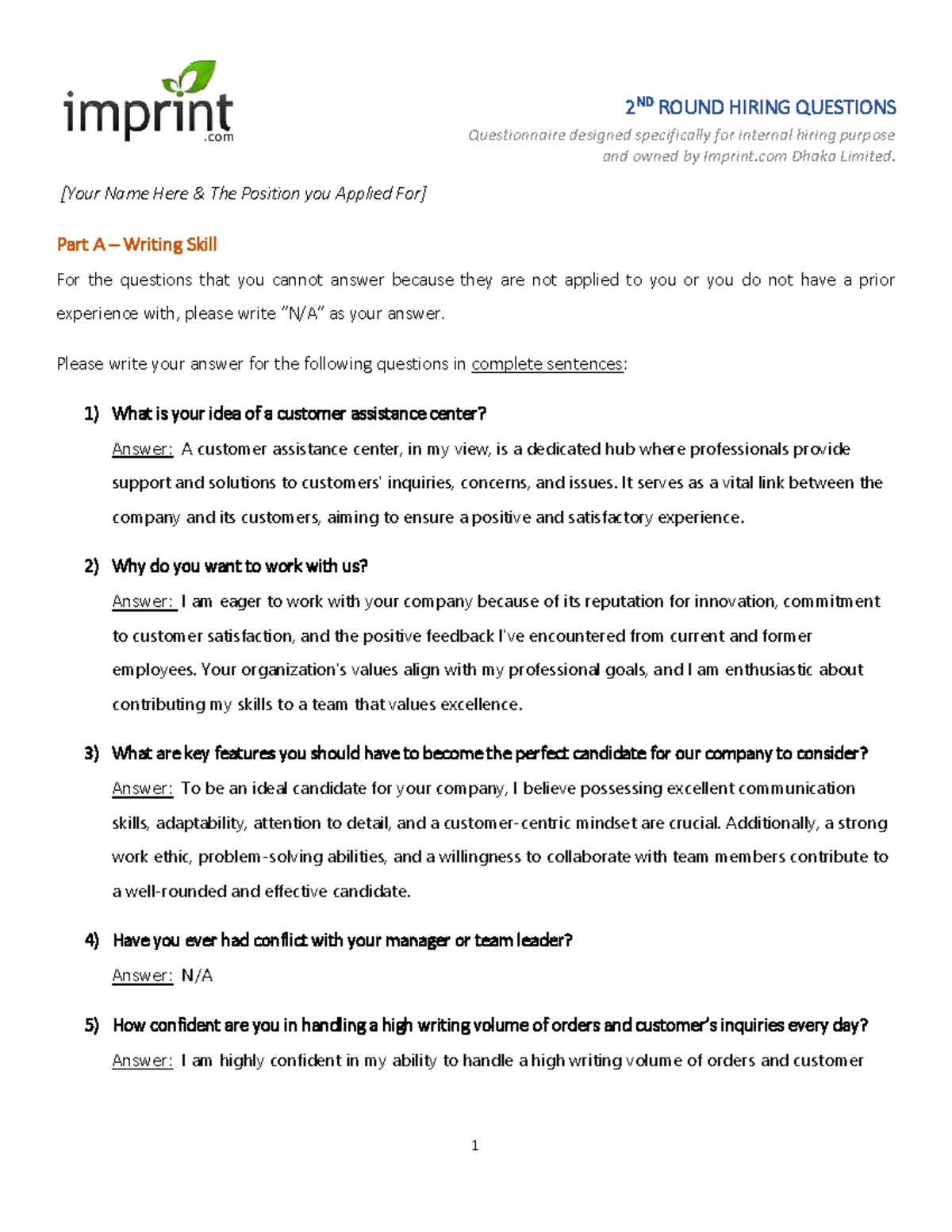 2ND Round Hiring Questions - 2 ND ROUND HIRING QUESTIONS Questionnaire ...