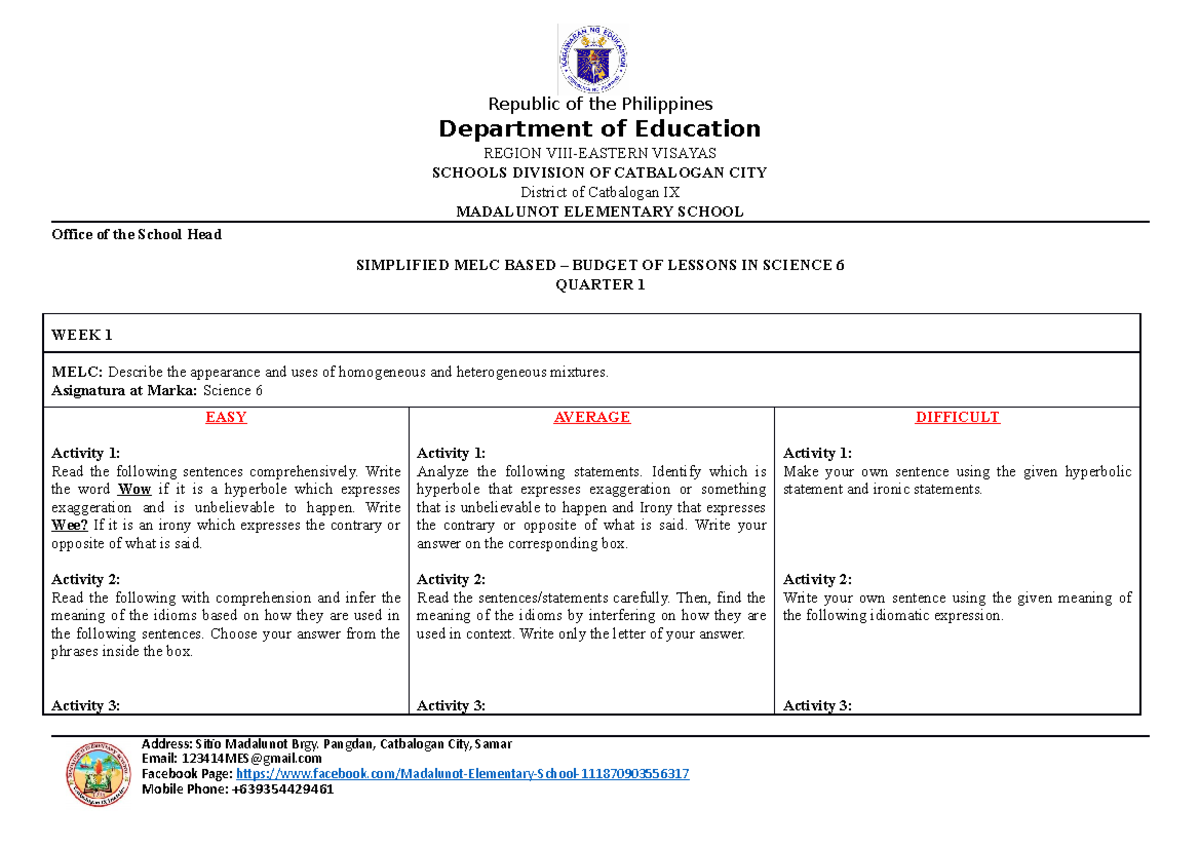 BOL Science 6 - IT IS A TYPE OS BUDGET OF WORK THAT CAN HELP TO OTHER ...