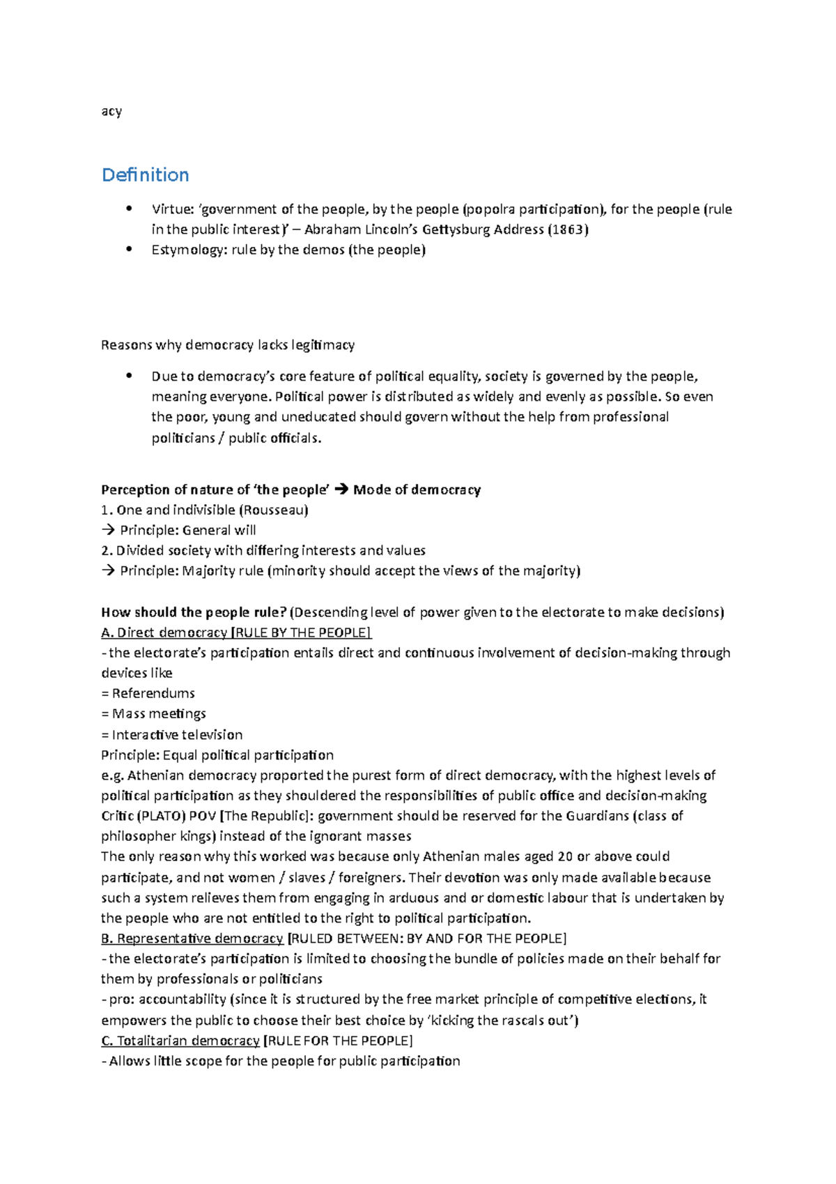 Democracy and legitimacy - acy Definition Virtue: ‘government of the ...