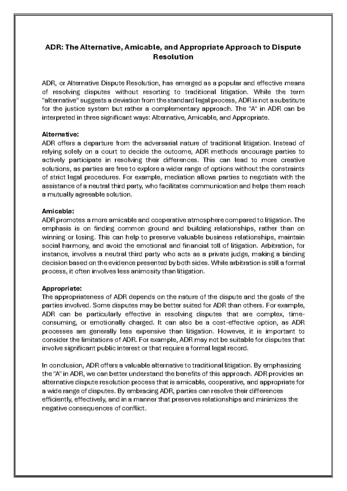 The Meaning of ADR - ADR: The Alternative, Amicable, and Appropriate ...