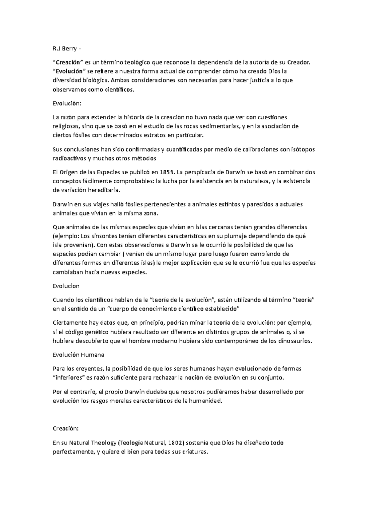 Creación y Evolución, no Creación o Evolución R.J. Berry - R Berry ...