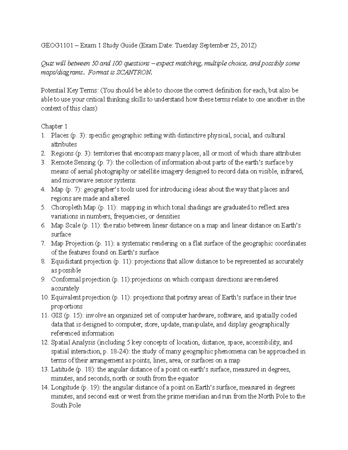 Exam 1 Study Guide - GEOG1101 – Exam 1 Study Guide (Exam Date: Tuesday ...