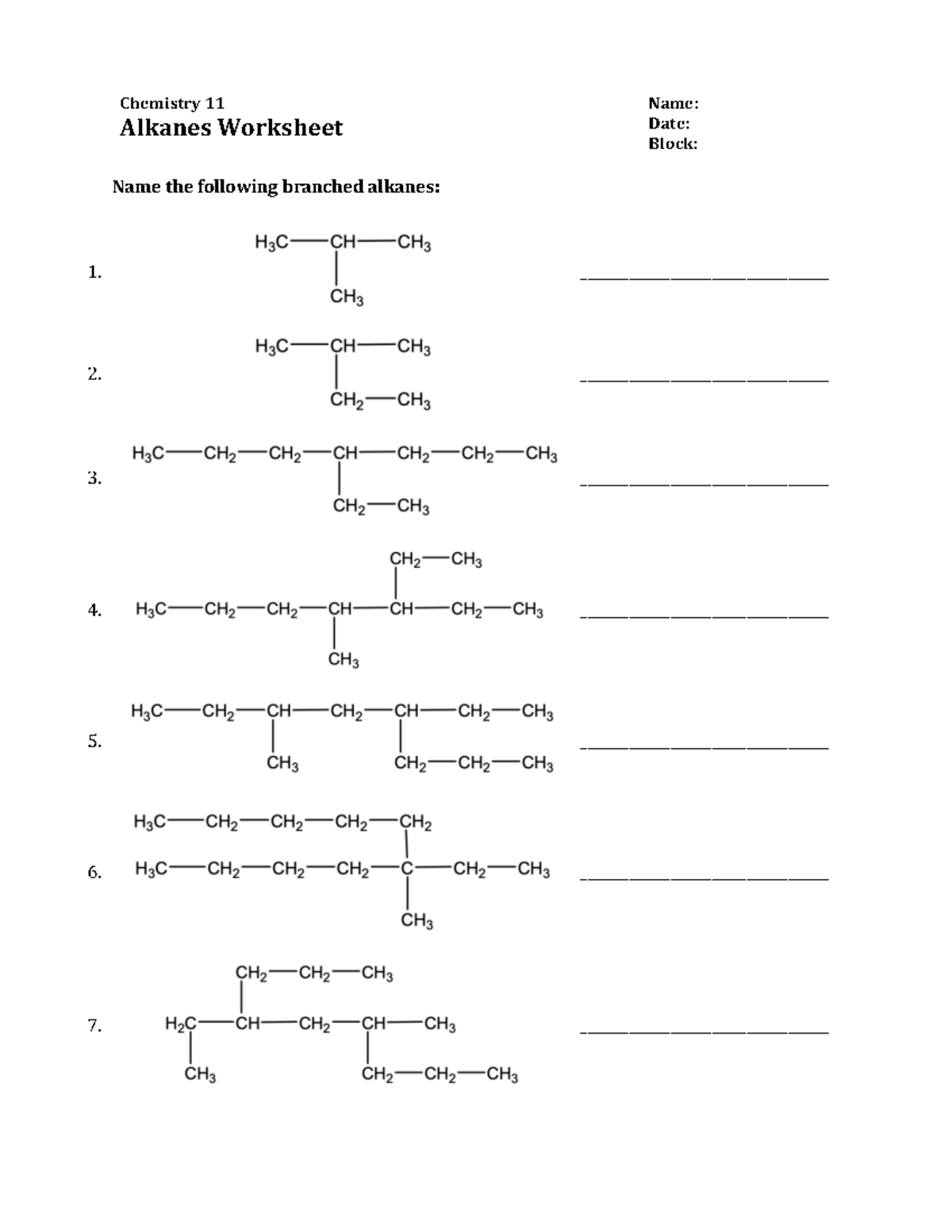 02a organic 2 alkanes ws new - Chemistry 11 Alkanes Worksheet Name ...