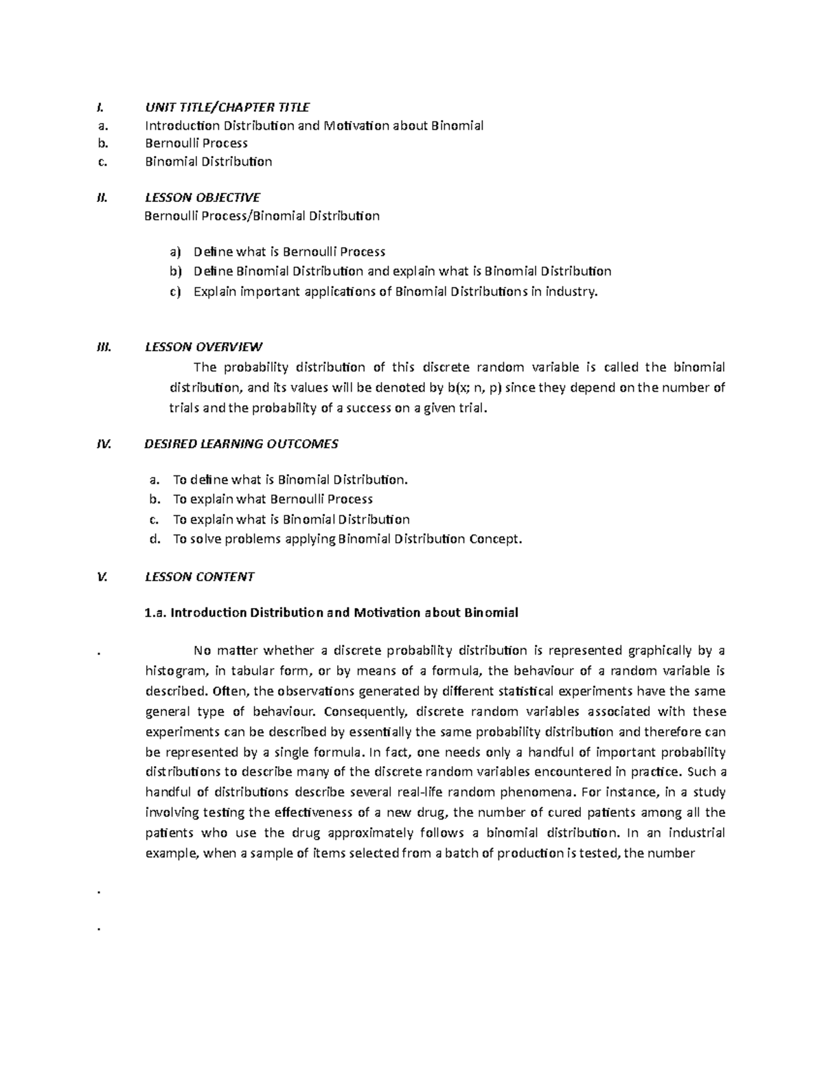 Engineering Data Analysis- Introduction Distribution and Motivation about Binomial - I. UNIT ...