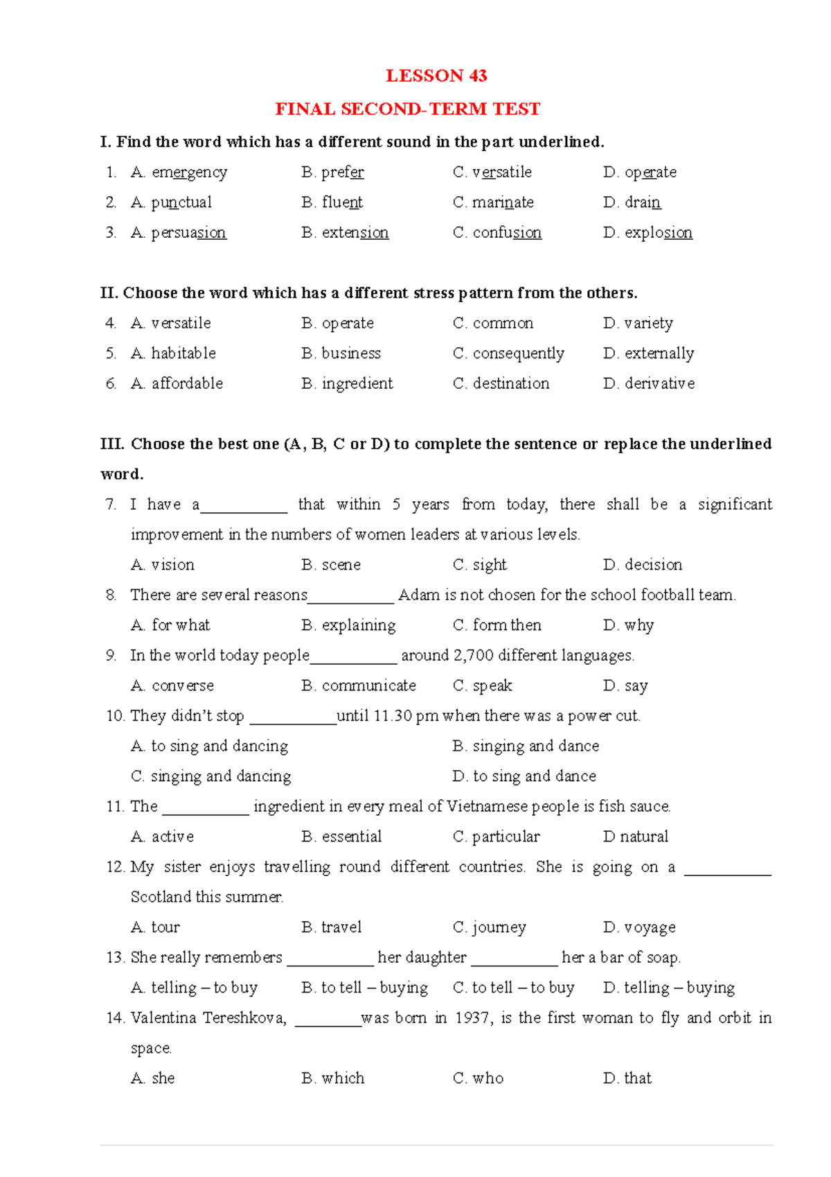 Lesson 43 - English test - LESSON 43 FINAL SECOND-TERM TEST I. Find the ...