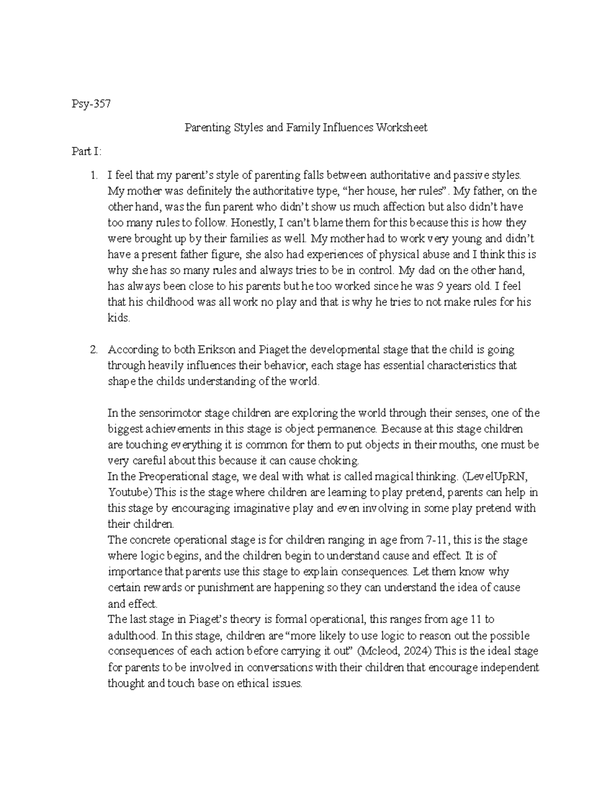 Parenting Styles Worksheet - Psy- Parenting Styles and Family ...