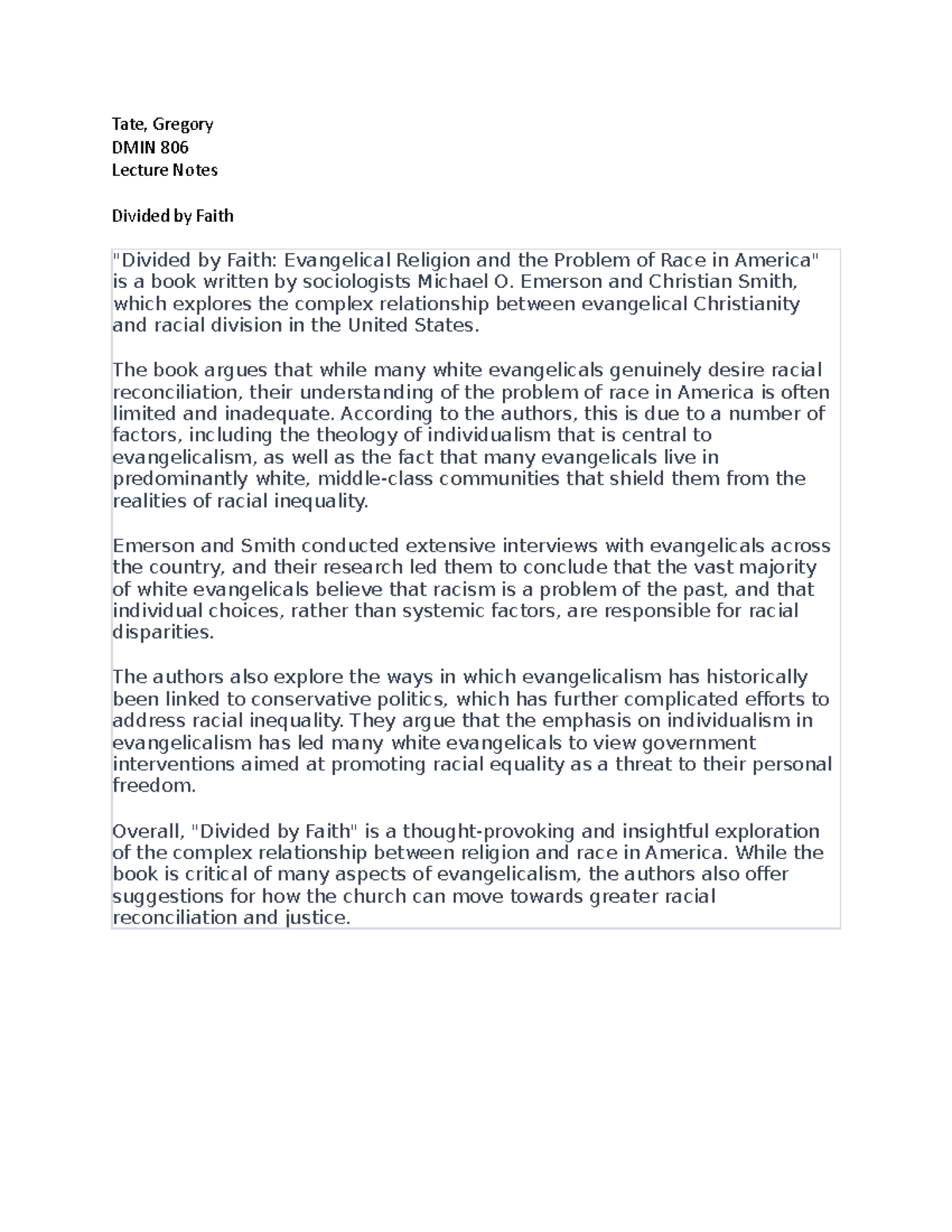 DMIN806:Divided by Faith - Tate, Gregory DMIN 806 Lecture Notes Divided ...