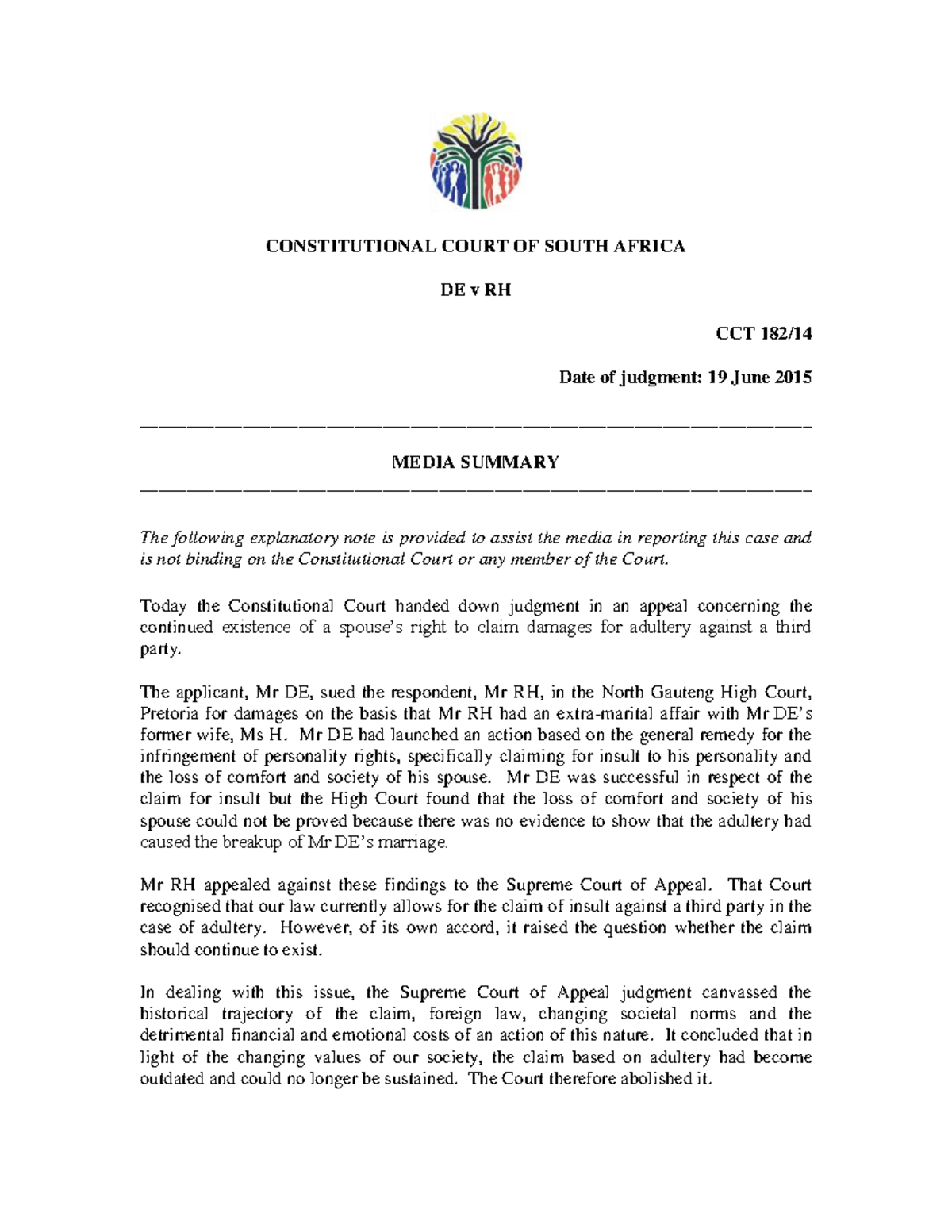RH v DE Case summary - Case law - CONSTITUTIONAL COURT OF SOUTH AFRICA DE v RH CCT 182/ Date of ...