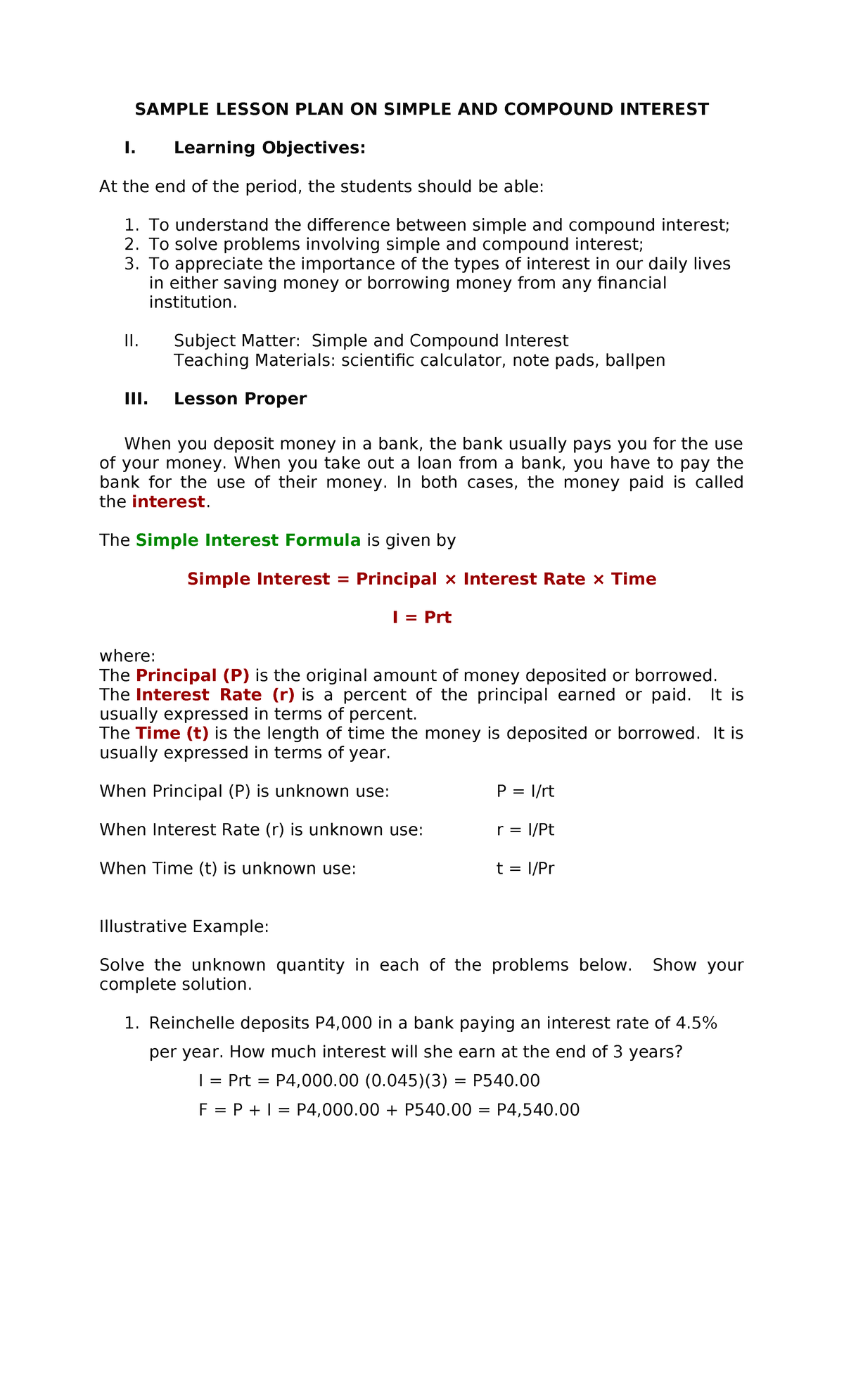 Lecture ON Simple Compound Interest - SAMPLE LESSON PLAN ON SIMPLE AND ...