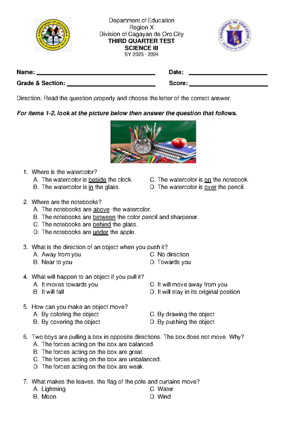 Science 3 3RD Quarter EXAM - Department of Education Region X Division ...
