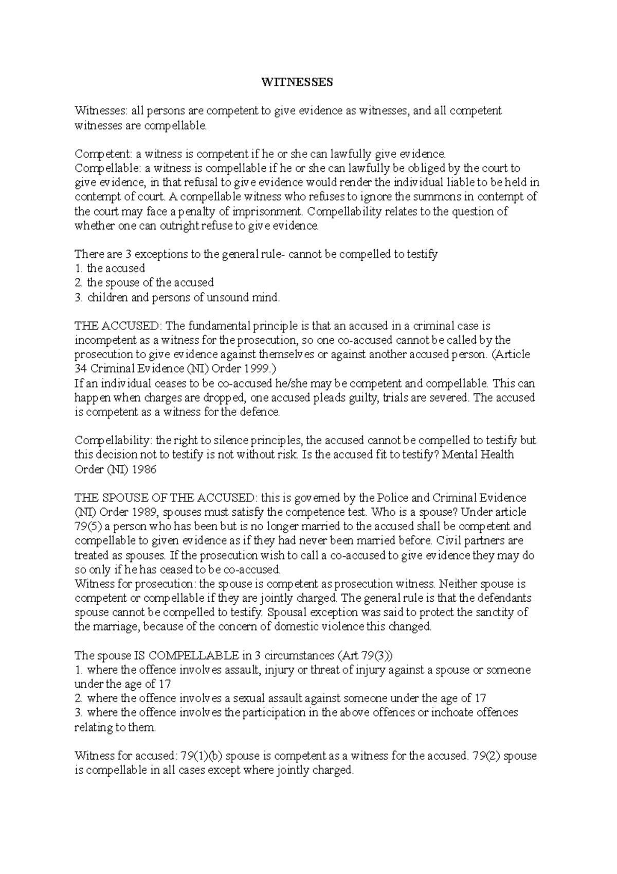 Witnesses- compellability and competence - WITNESSES Witnesses: all ...