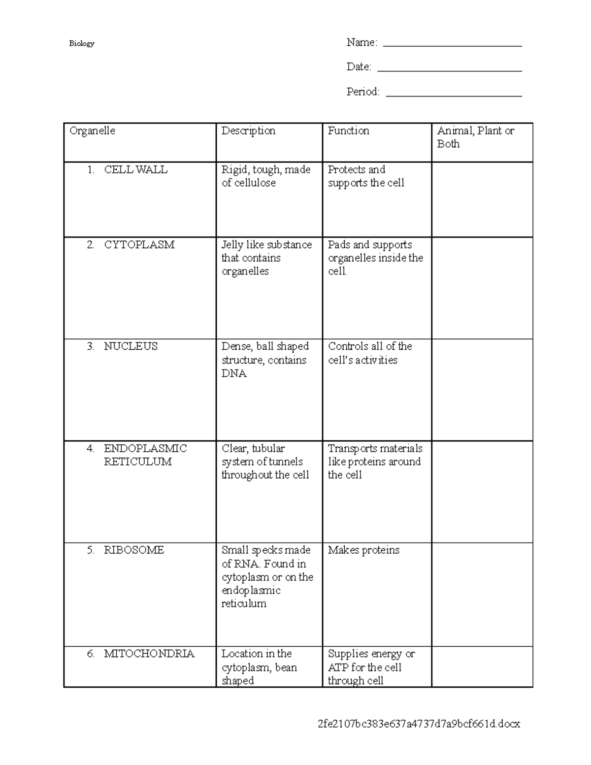 Cell Organelles Worksheet - Biology Name: Date: Period: Organelle ...