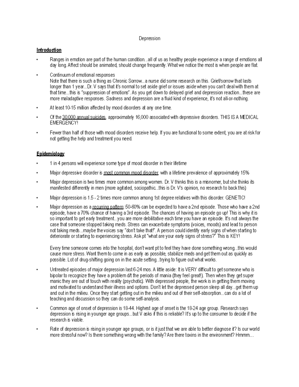 Depression Lecture Notes - Depression Introduction Ranges in emotion ...
