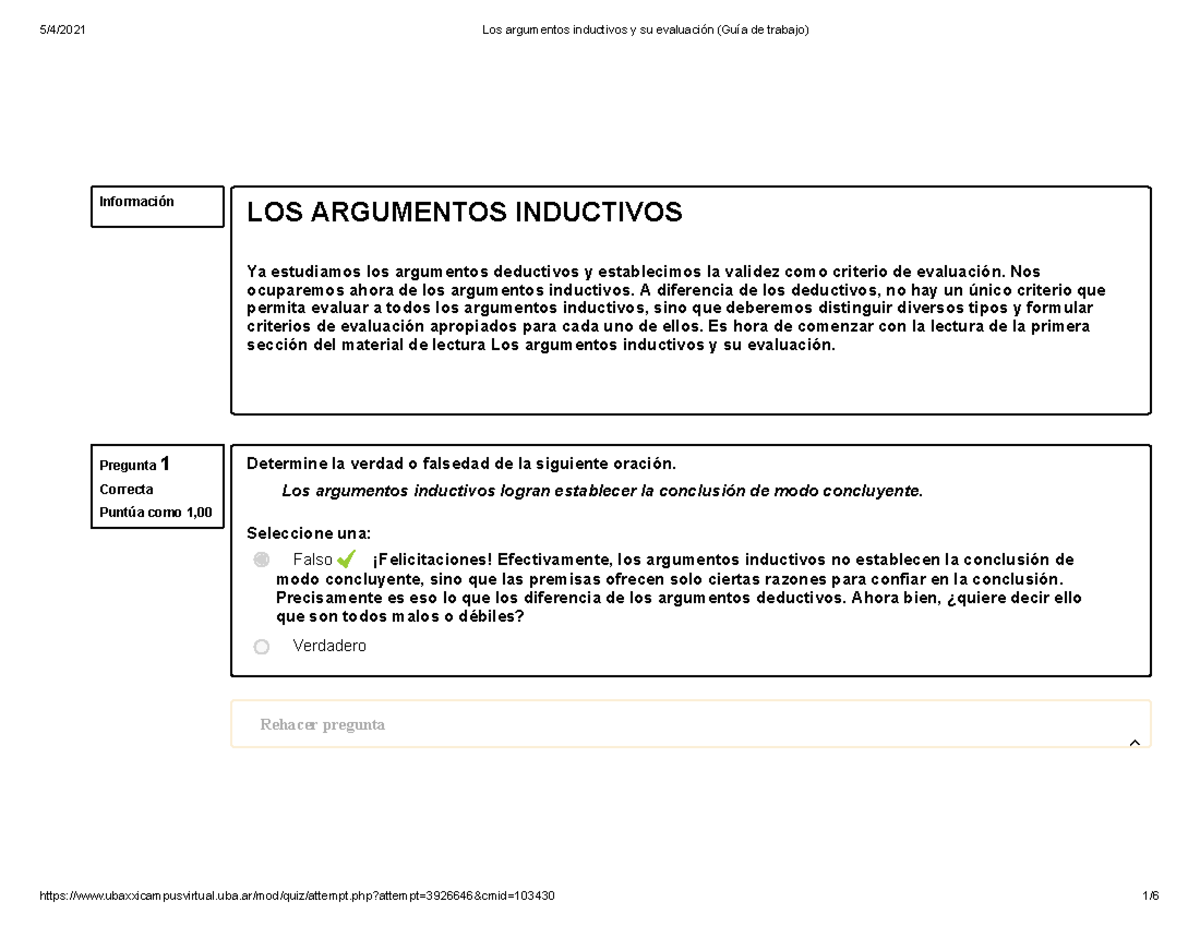 Los argumentos inductivos y su evaluación (Guía de trabajo) - Información Pregunta 1 Correcta ...